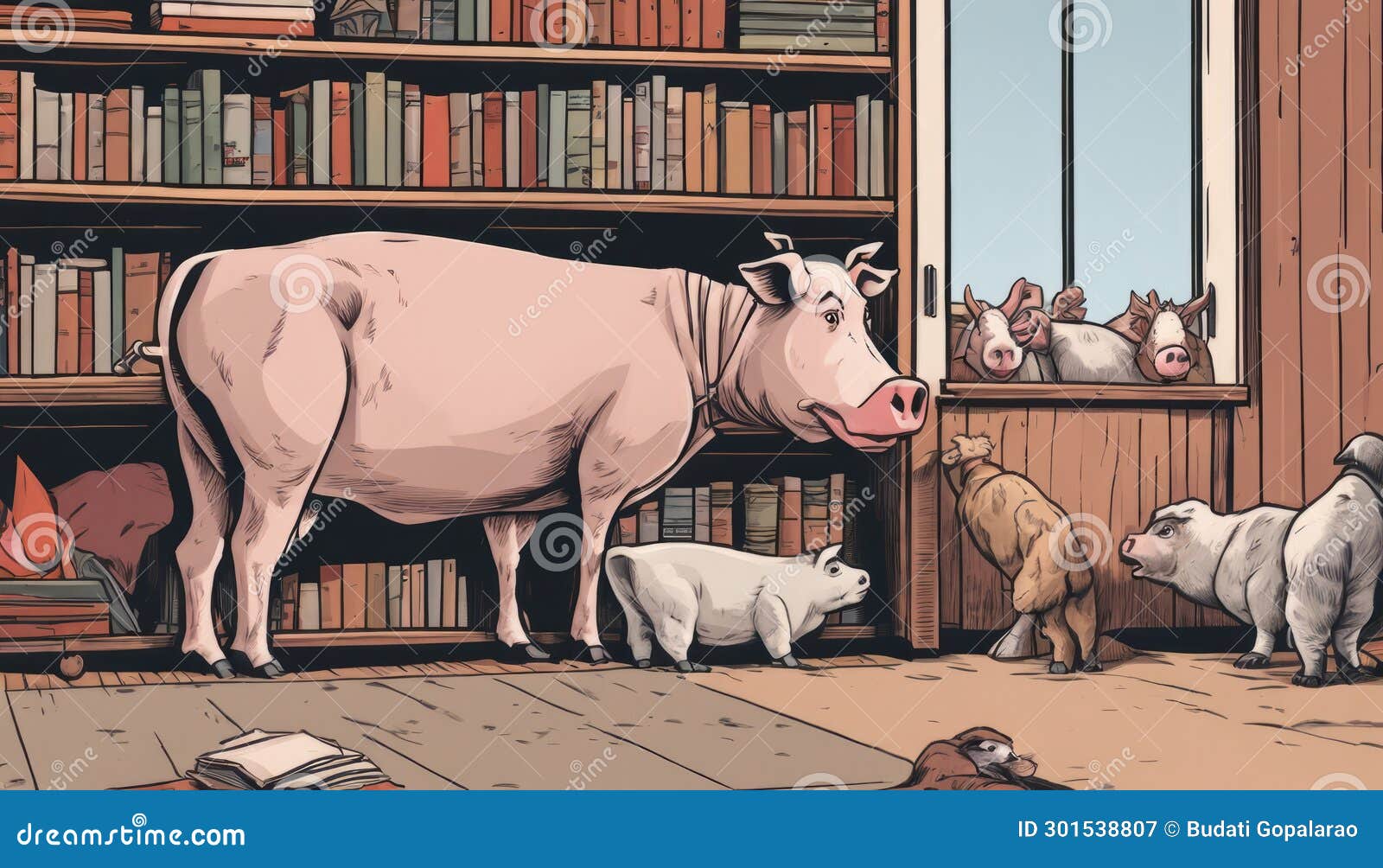 A Cartoon of a Pig and a Dog in a Library Stock Illustration ...