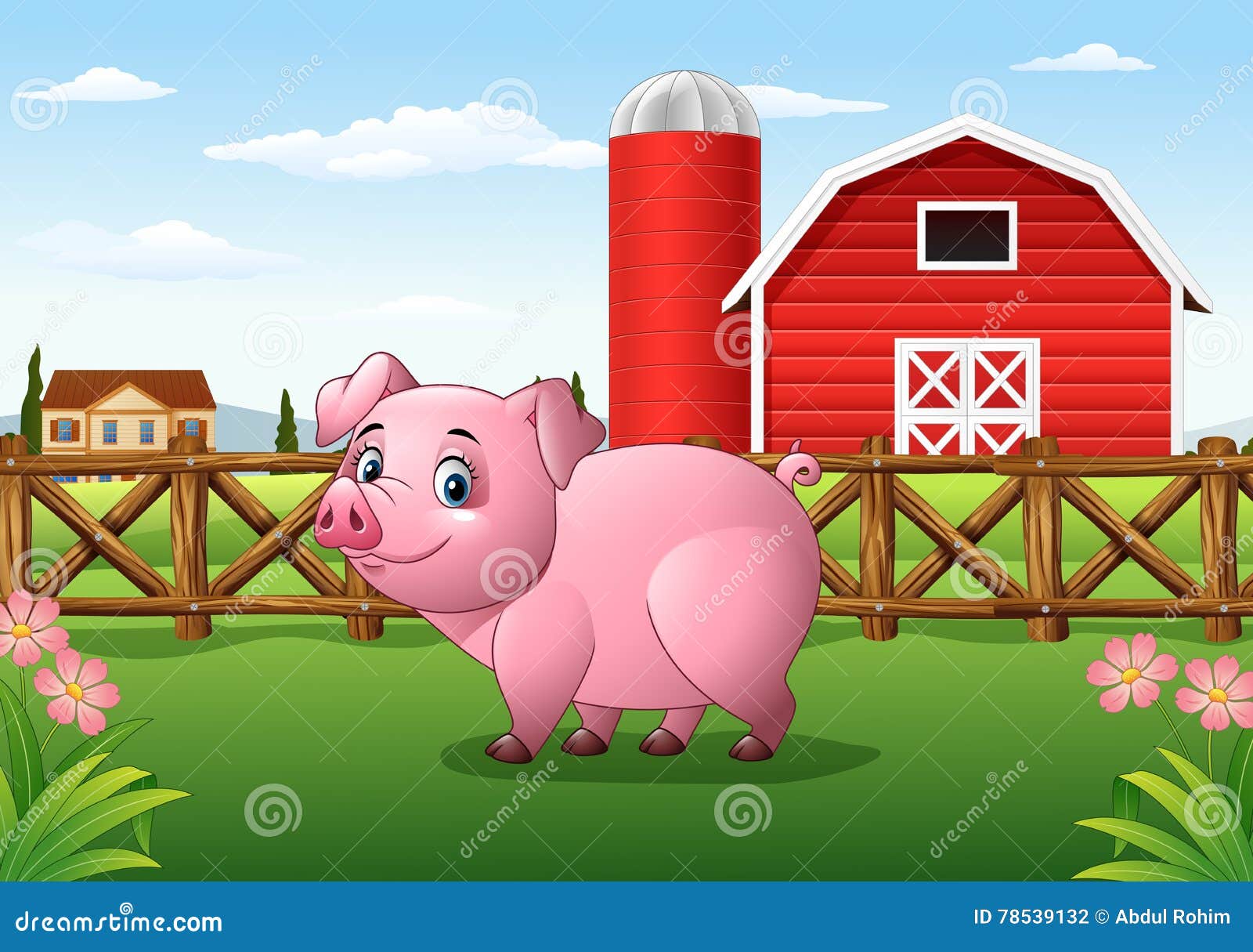 Cartoon Pig in the Farm Background Stock Vector - Illustration of ...