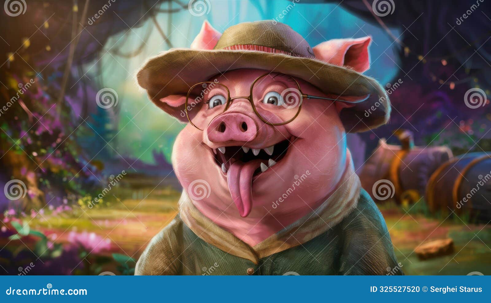 A Cartoon Pig with Glasses and Hat Standing in a Forest, AI Stock ...