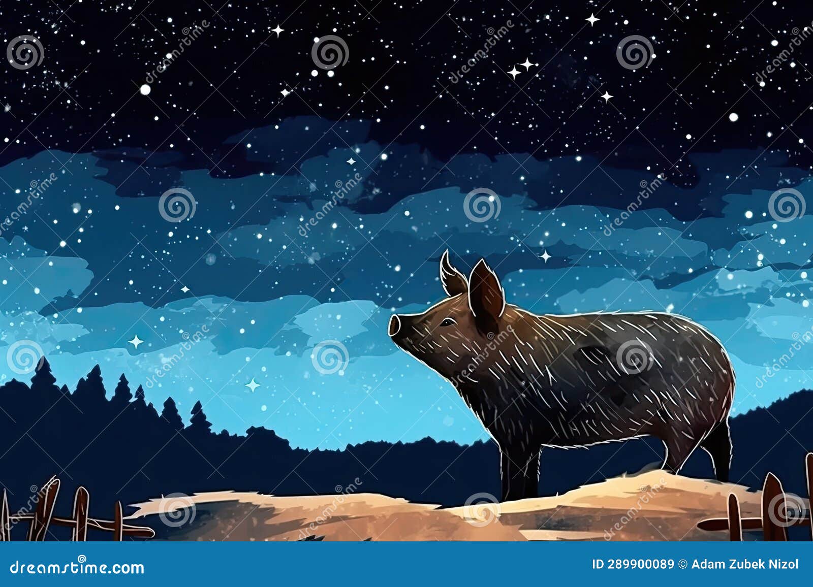 A Cartoon of a Pig in the Night Sky Stock Illustration - Illustration ...