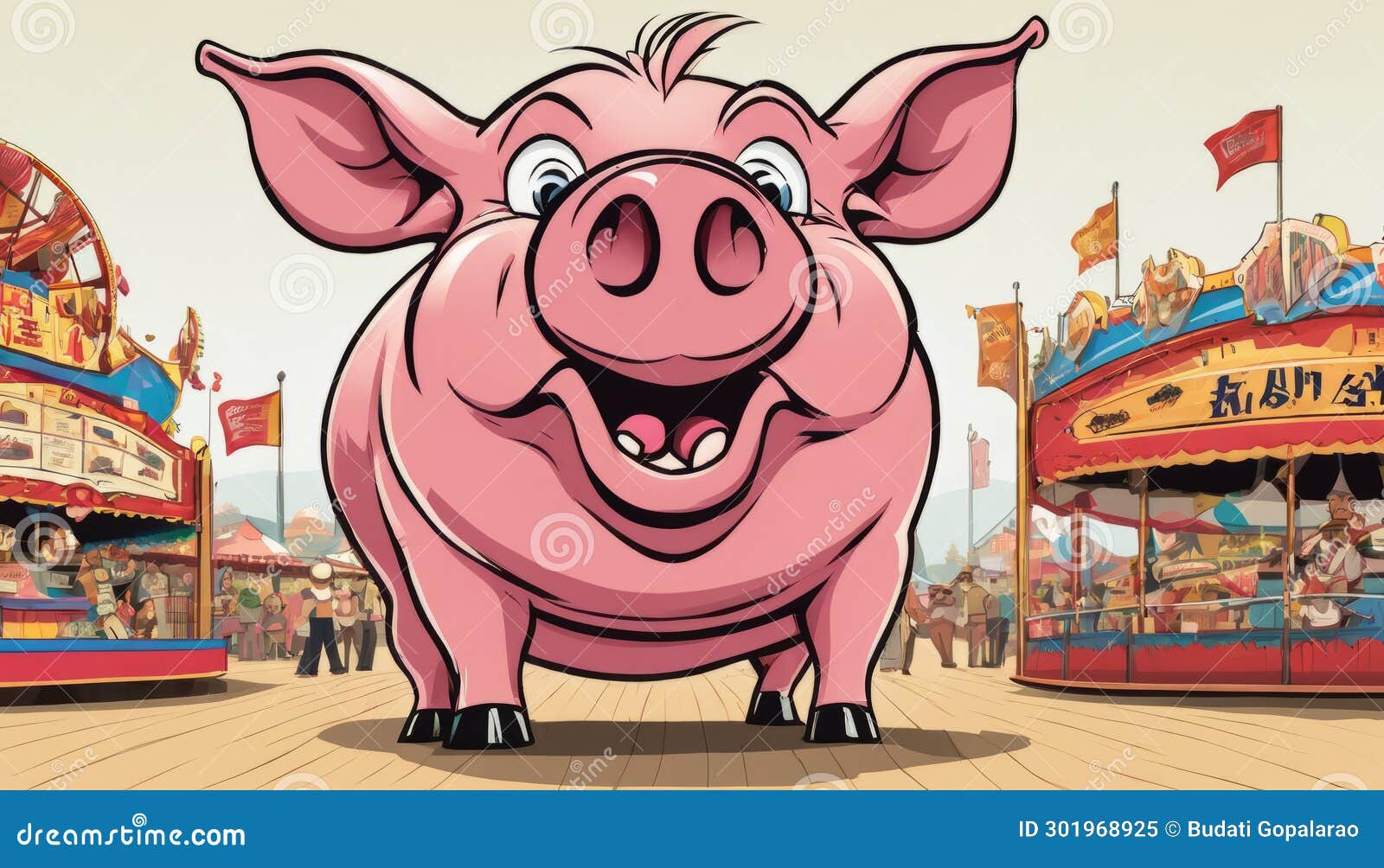 A Cartoon Pig Standing in Front of a Carnival Ride Stock Illustration ...