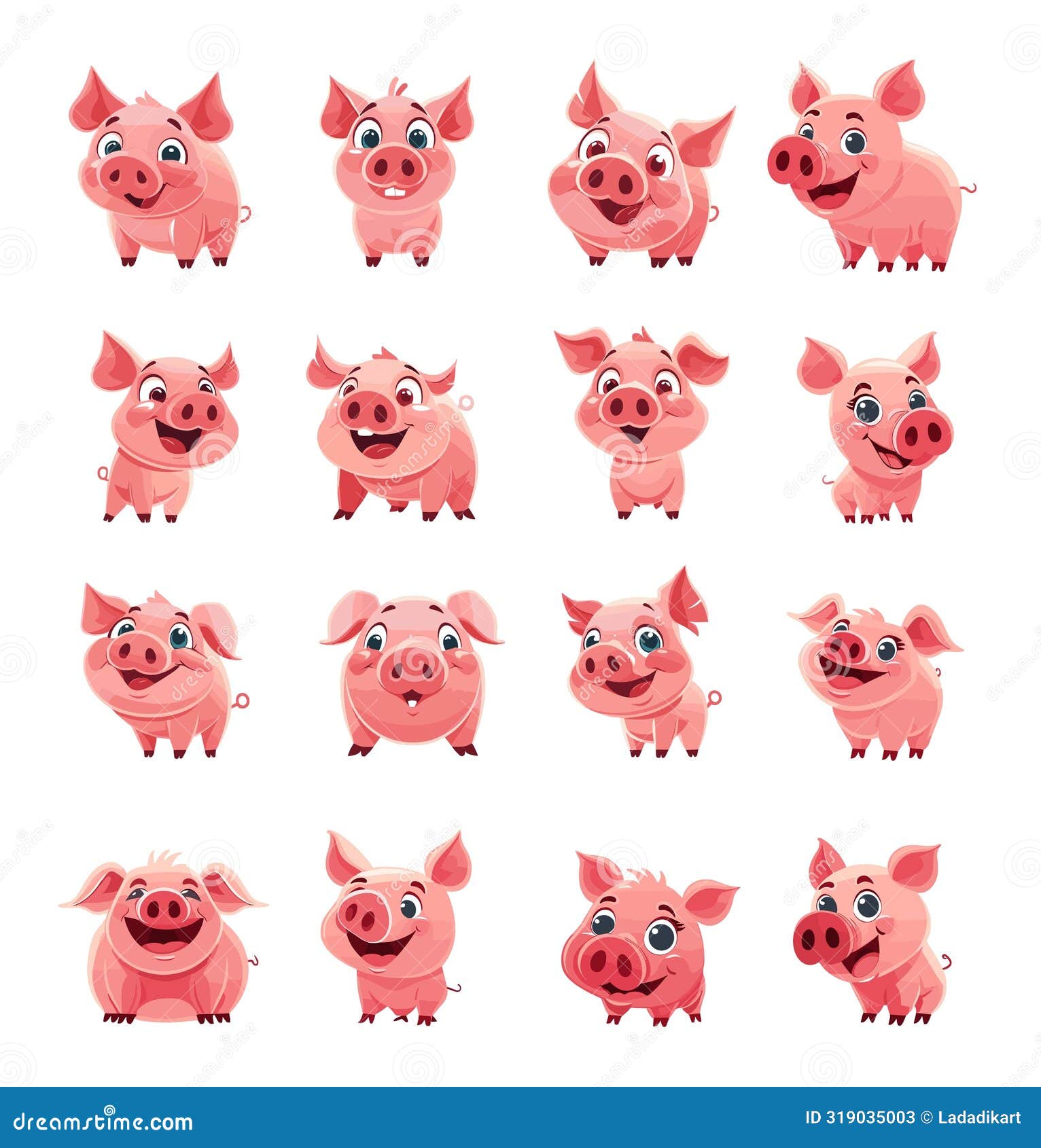 Cartoon Piglet Avatar Set. Illustrations in Various Poses. Isolated ...