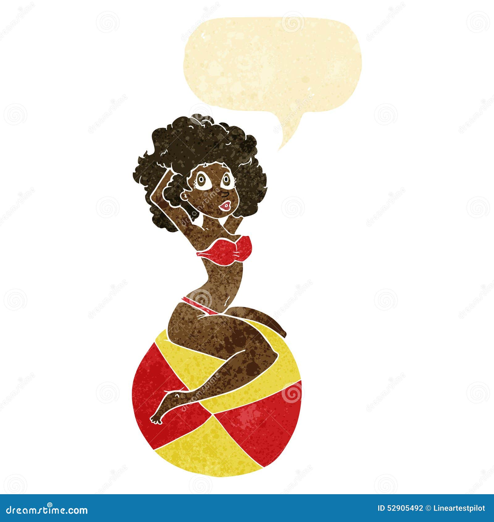 Cartoon Pin Up Girl Sitting On Ball With Speech Bubble Stock