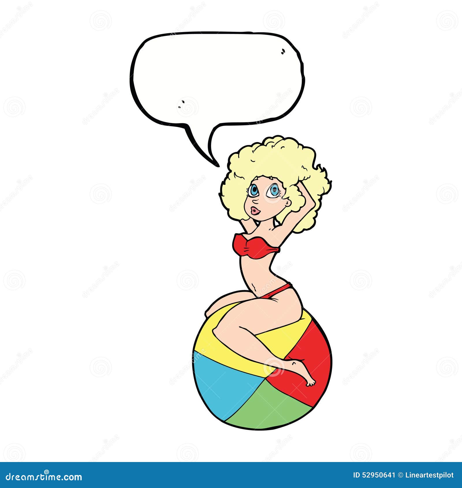 Cartoon Pin Up Girl Sitting On Ball With Speech Bubble Stock