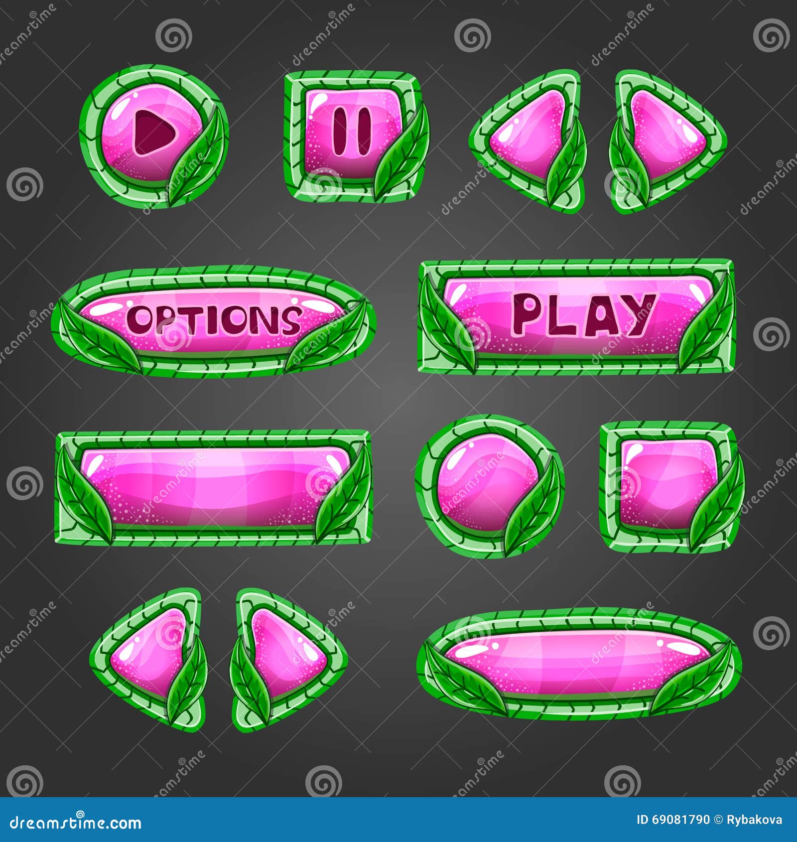 Cartoon Pink Buttons with Leaves Stock Illustration - Illustration of ...