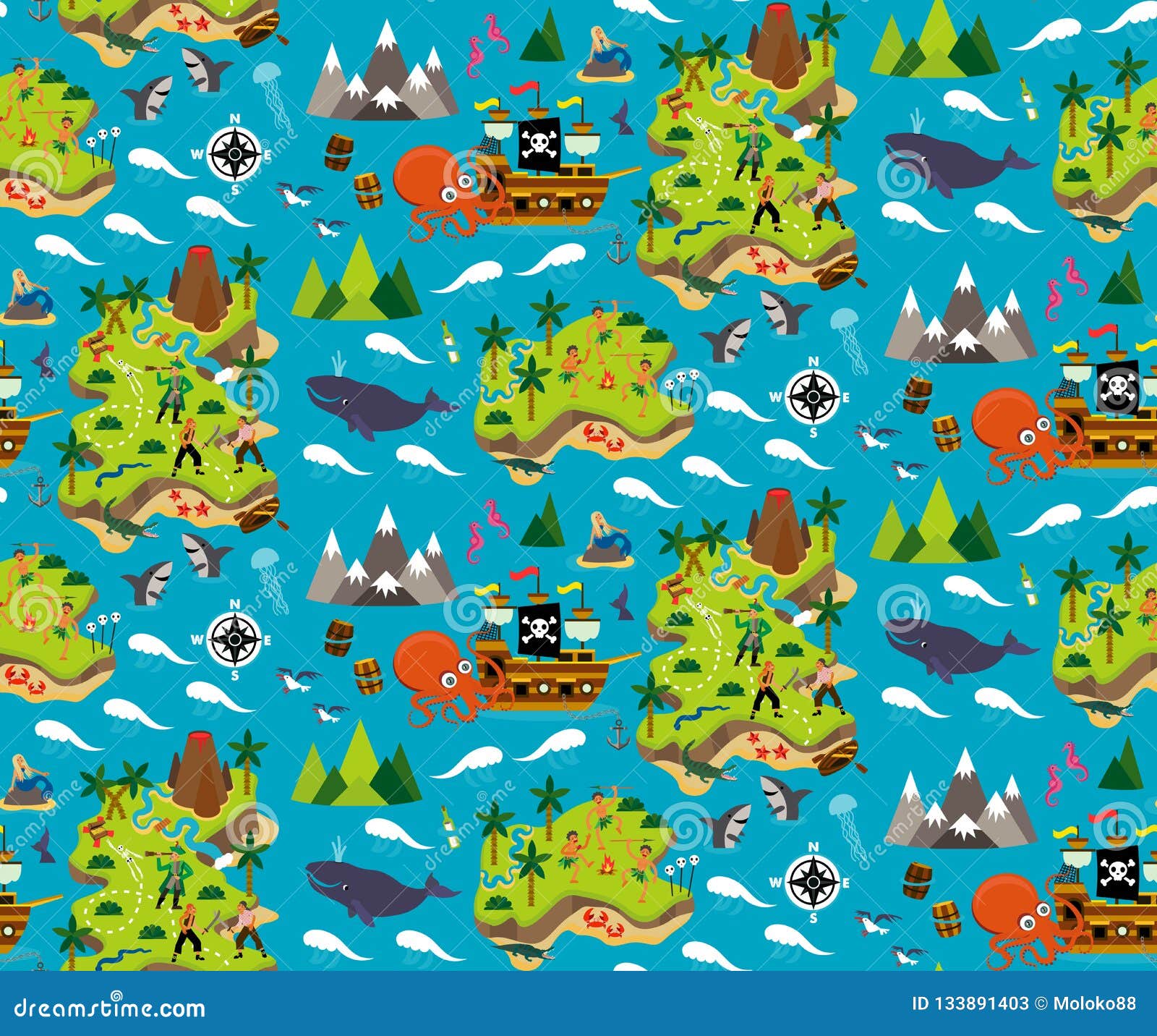 Cartoon Pirate Map Treasure, Travel Adventure. Vector Seamless Pattern ...