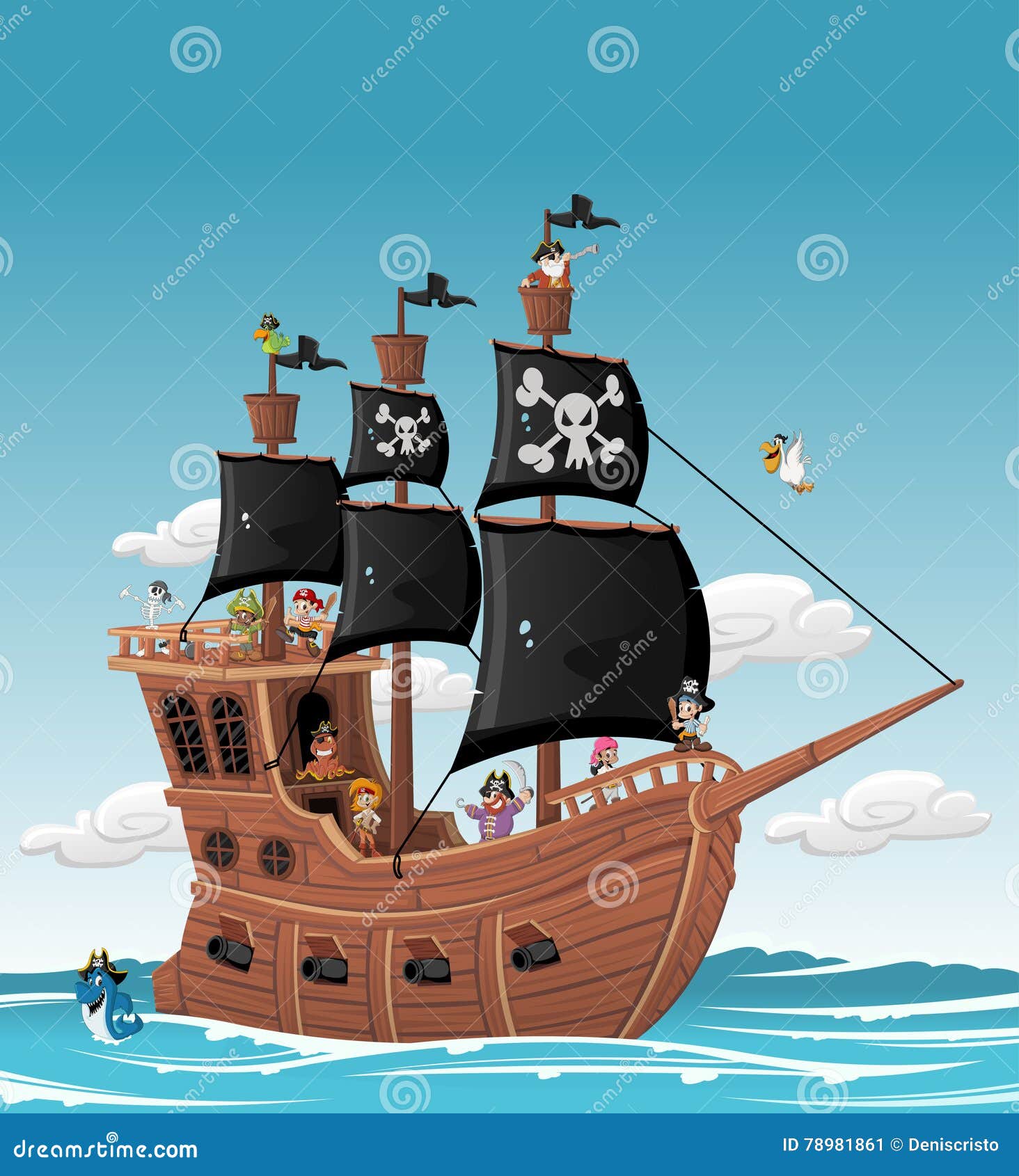 Cartoon Pirates on a Ship at the Sea Stock Vector - Illustration of ...