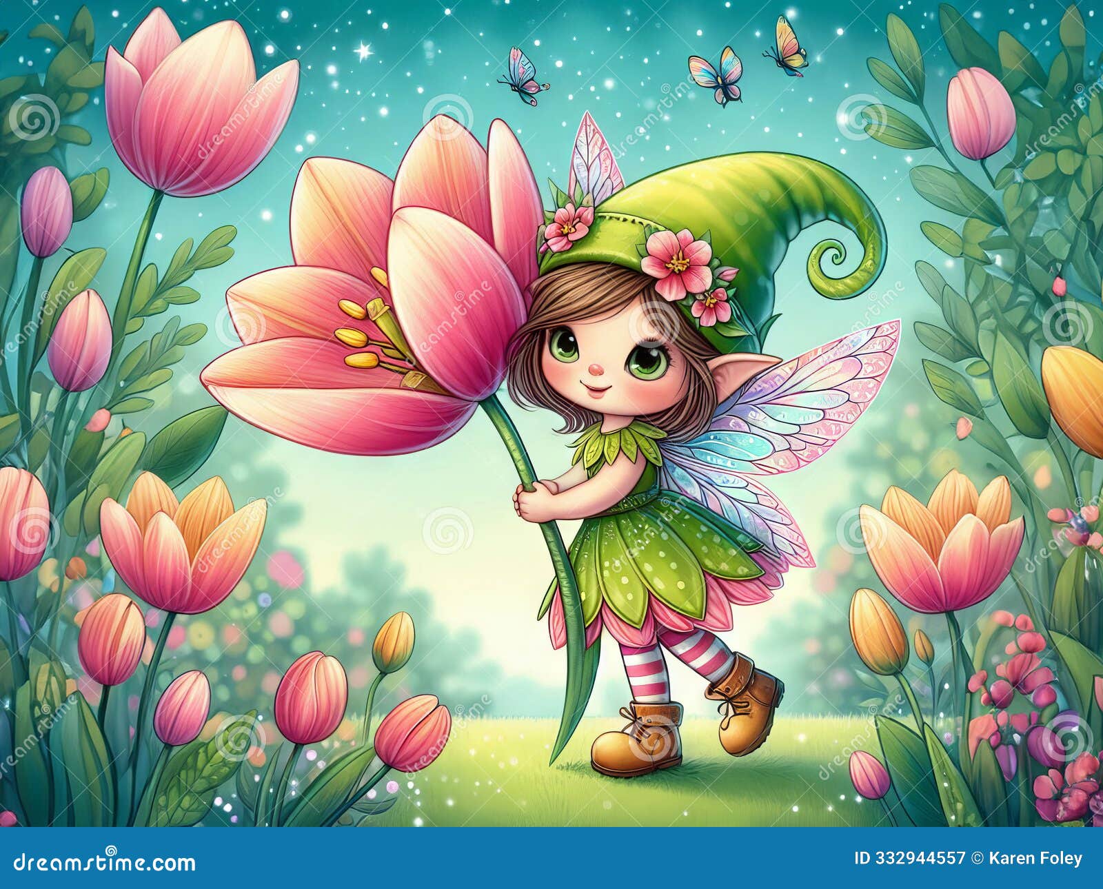 Cartoon Pixie in Tulip Garden Stock Illustration - Illustration of ...