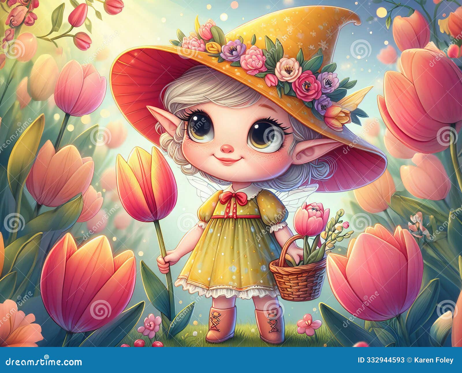 Cartoon Pixie in Tulip Garden Stock Illustration - Illustration of ...