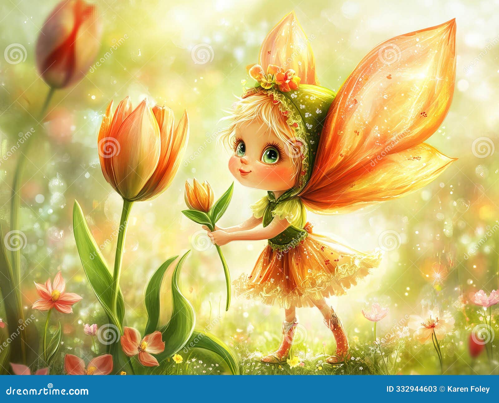 Cartoon Pixie in Tulip Garden Stock Illustration - Illustration of ...