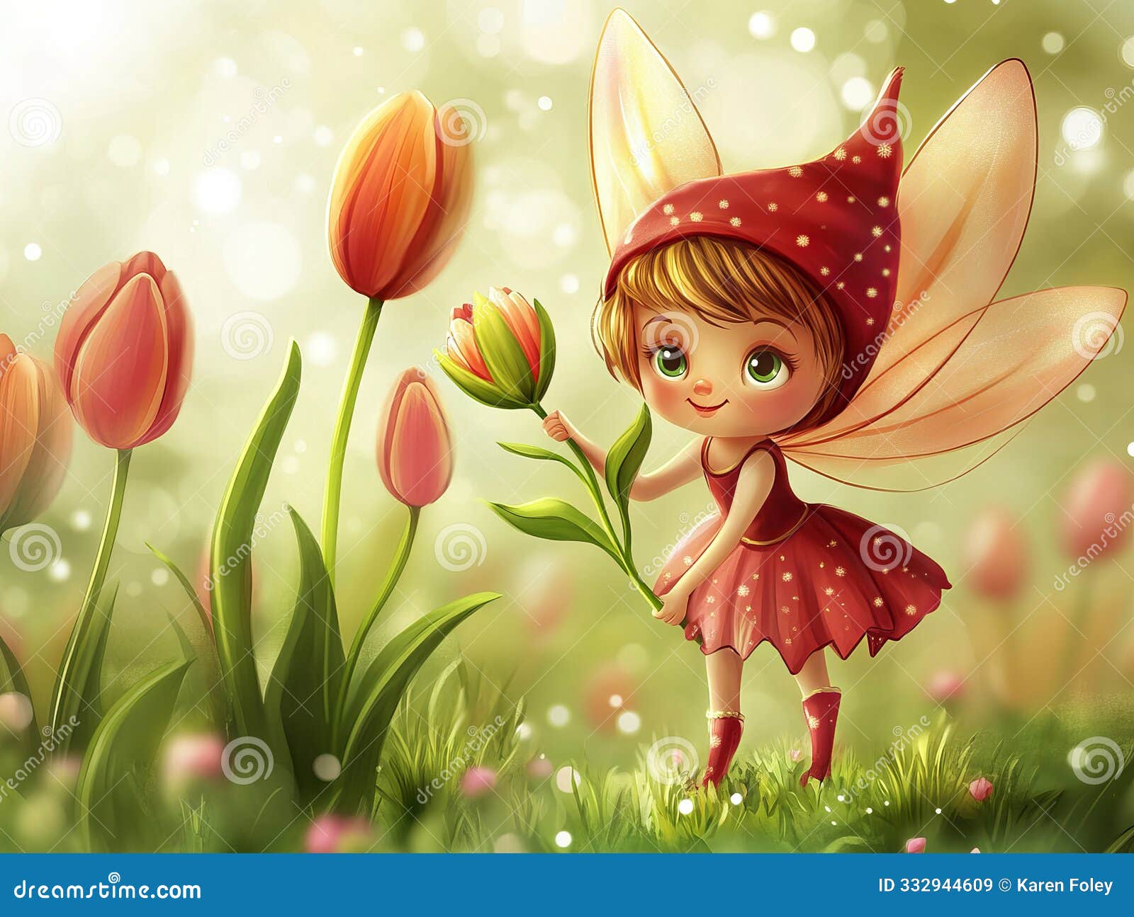 Cartoon Pixie in Tulip Garden Stock Illustration - Illustration of copy ...