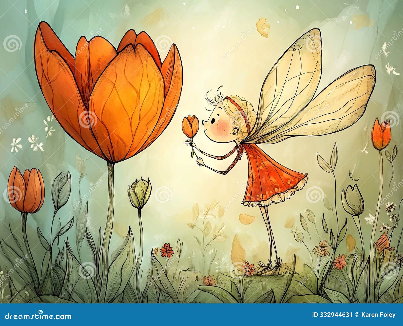 Cartoon Pixie in Tulip Garden Stock Illustration - Illustration of ...