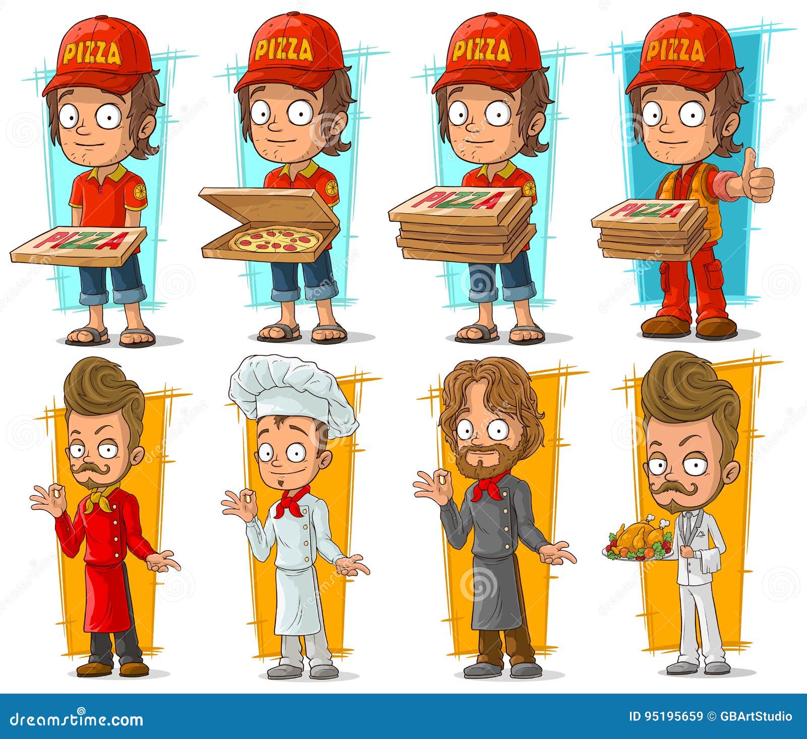 Cartoon Pizza Delivery Boy and Cook Chef Character Vector Set Stock ...