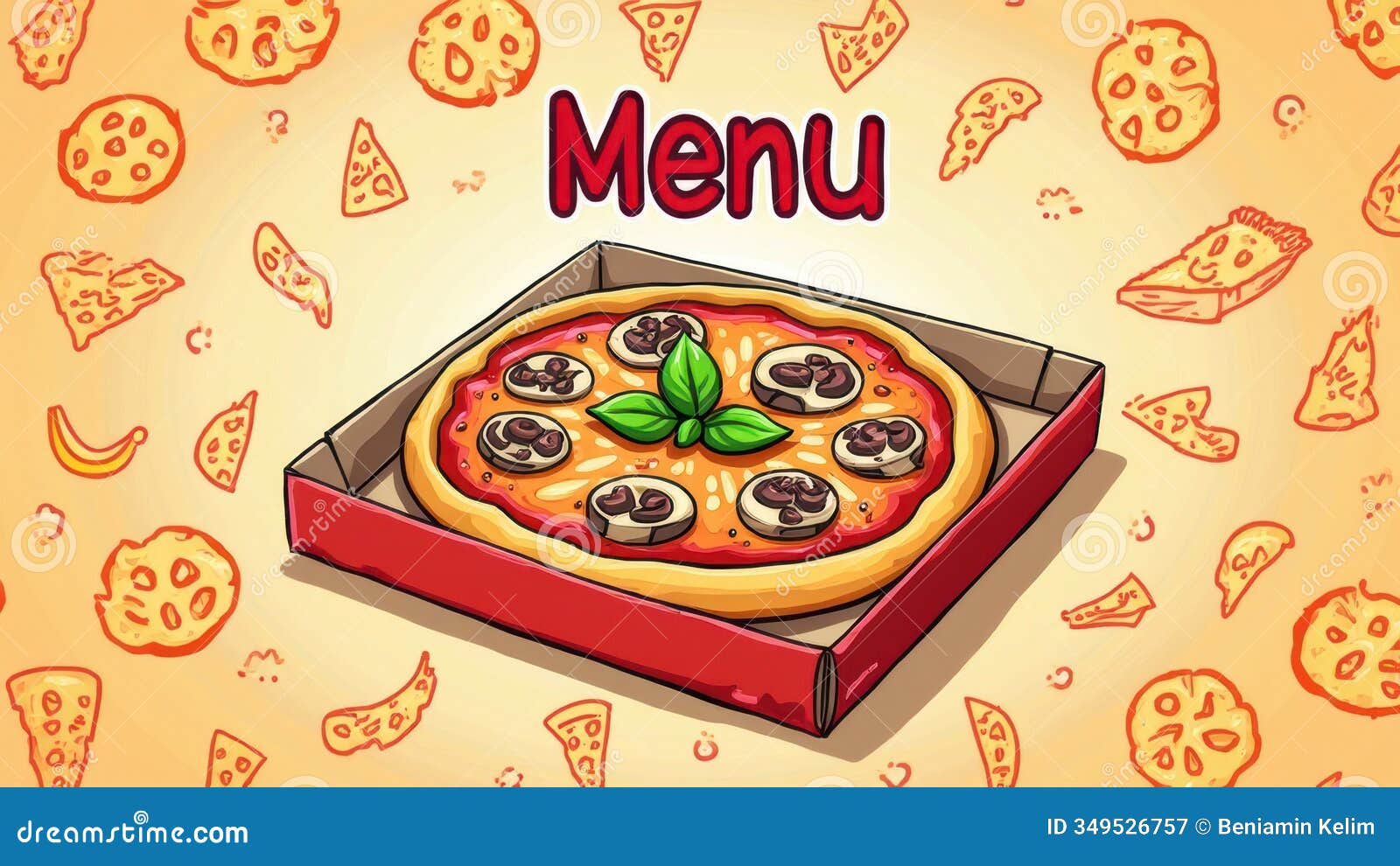 Cartoon Pizza Menu with Mushrooms and Basil in a Box on Patterned ...