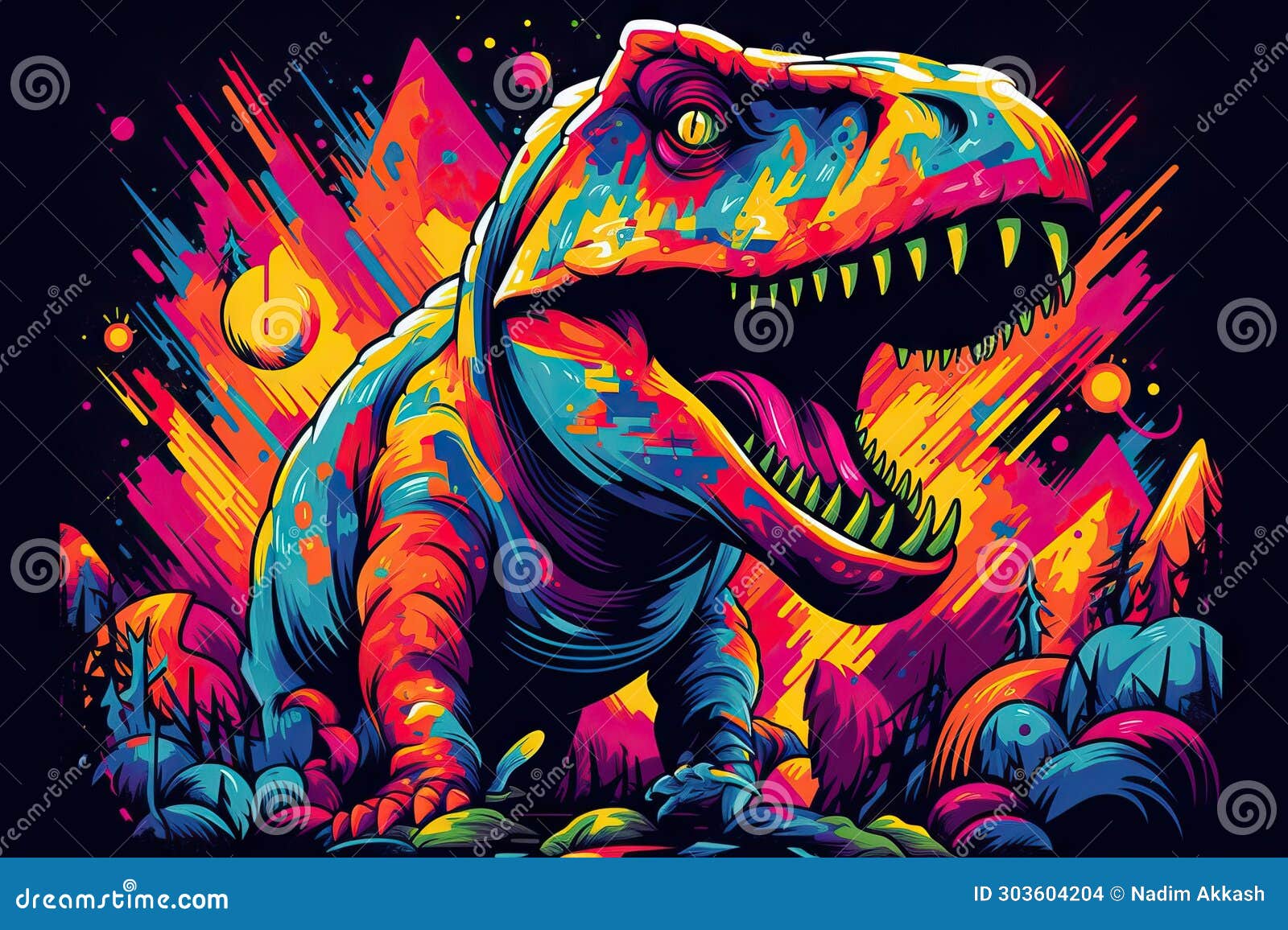 Cartoon Pop Art Psychedelic Dinosaur on a Black Background Stock ...