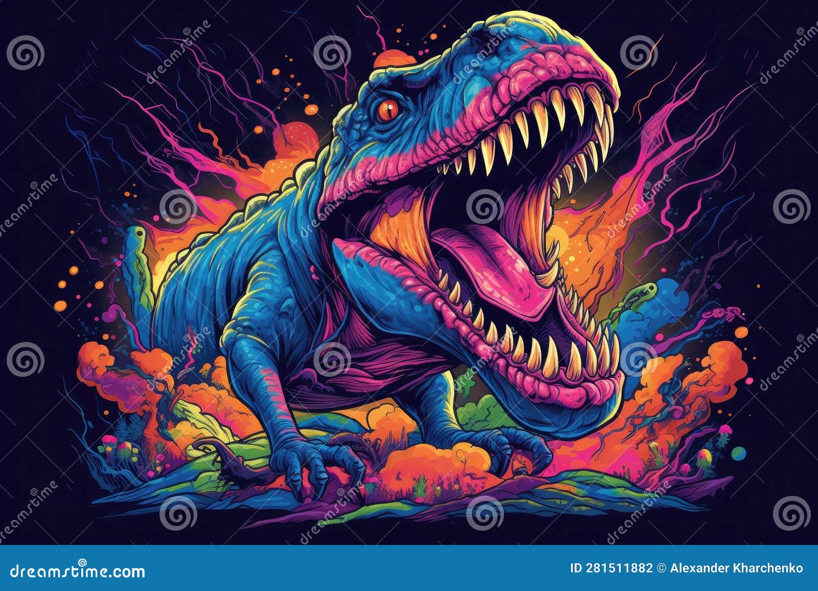 Cartoon Pop Art Psychedelic Dinosaur on a Black Background. Generative ...
