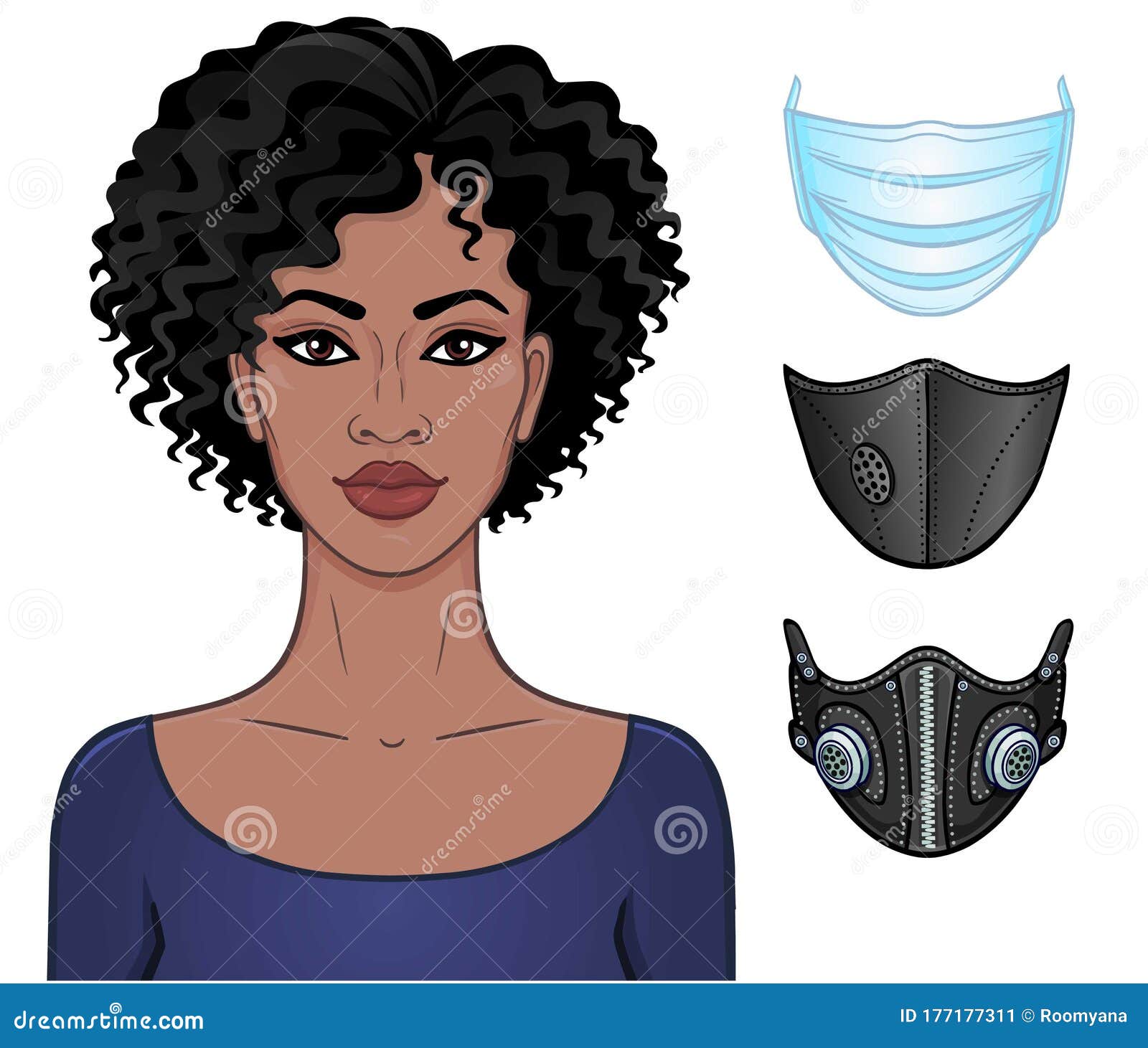 Cartoon Portrait of a Young Black Woman, a Set of Medical Masks of ... Cartoon Portrait of a Young Black Woman, a Set of Medical Masks of ...