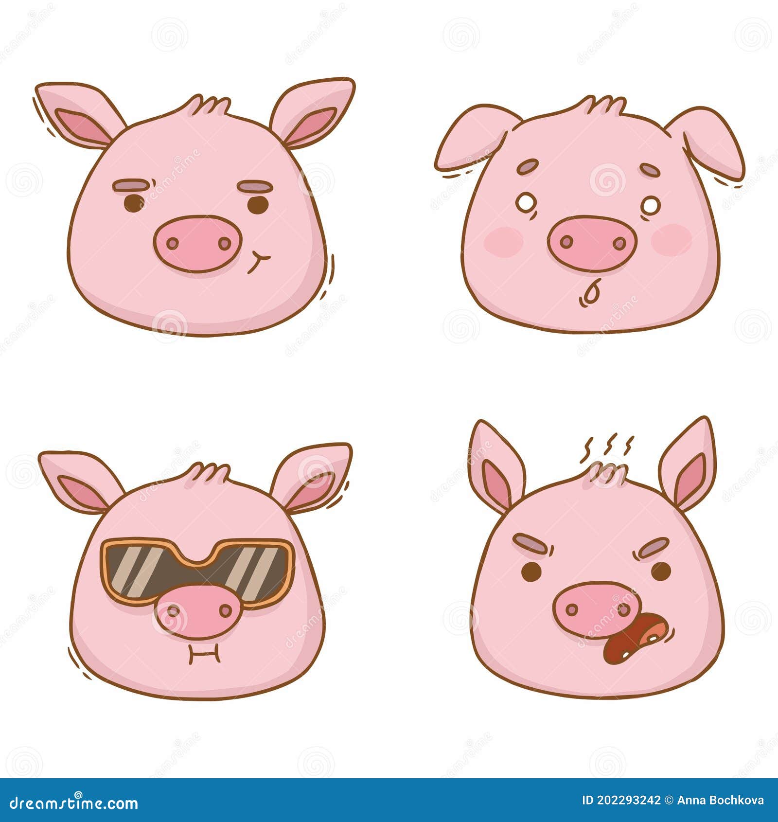 Cartoon Portraits Of Pigs Emotions Angry Scared Vector Illustration ...
