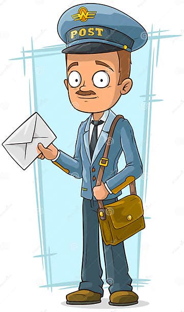 Cartoon Postman in Blue Uniform with Hat Stock Vector - Illustration of ...