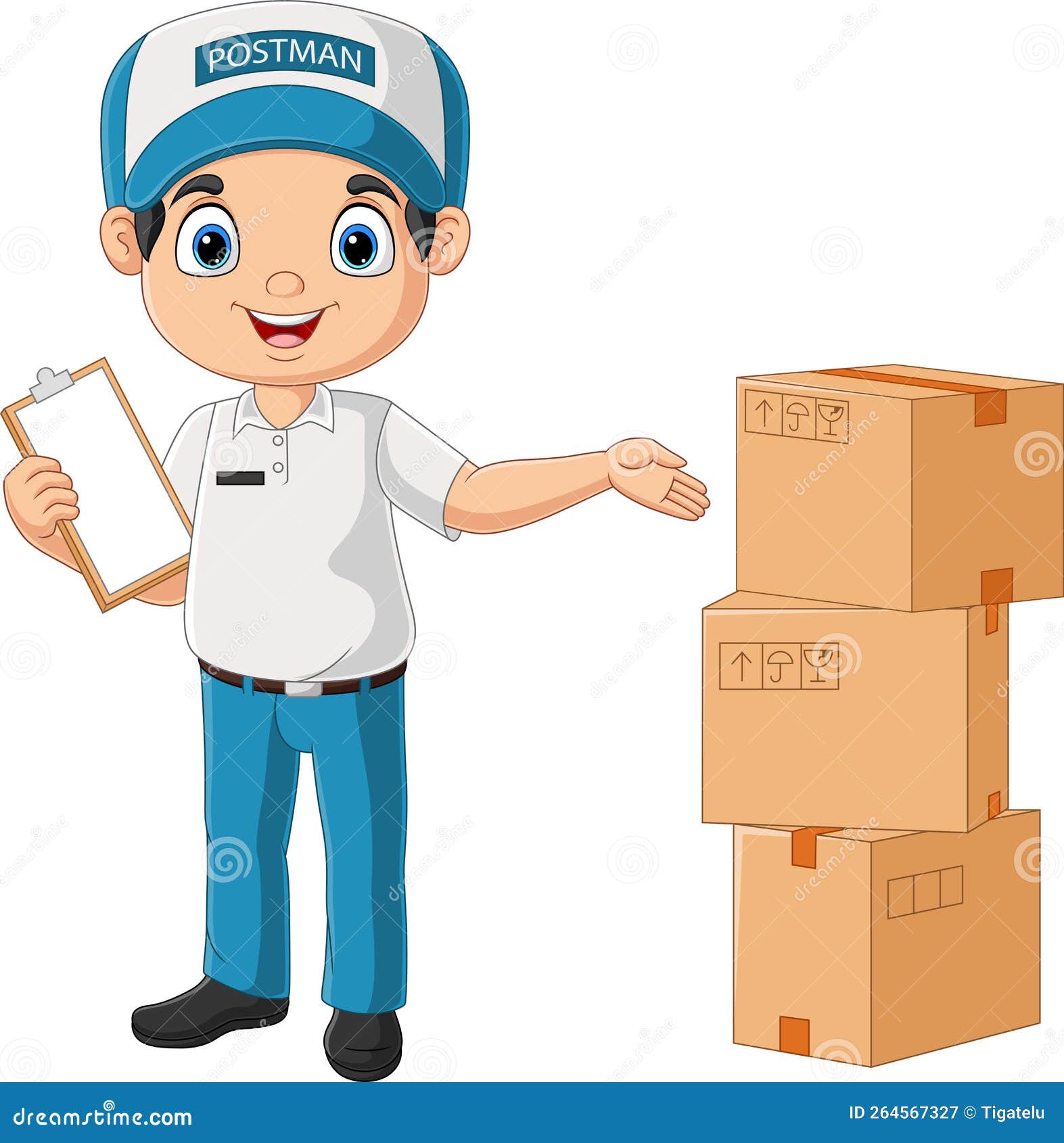 Cartoon Postman with Cardboard Boxes and Clipboard Stock Vector ...