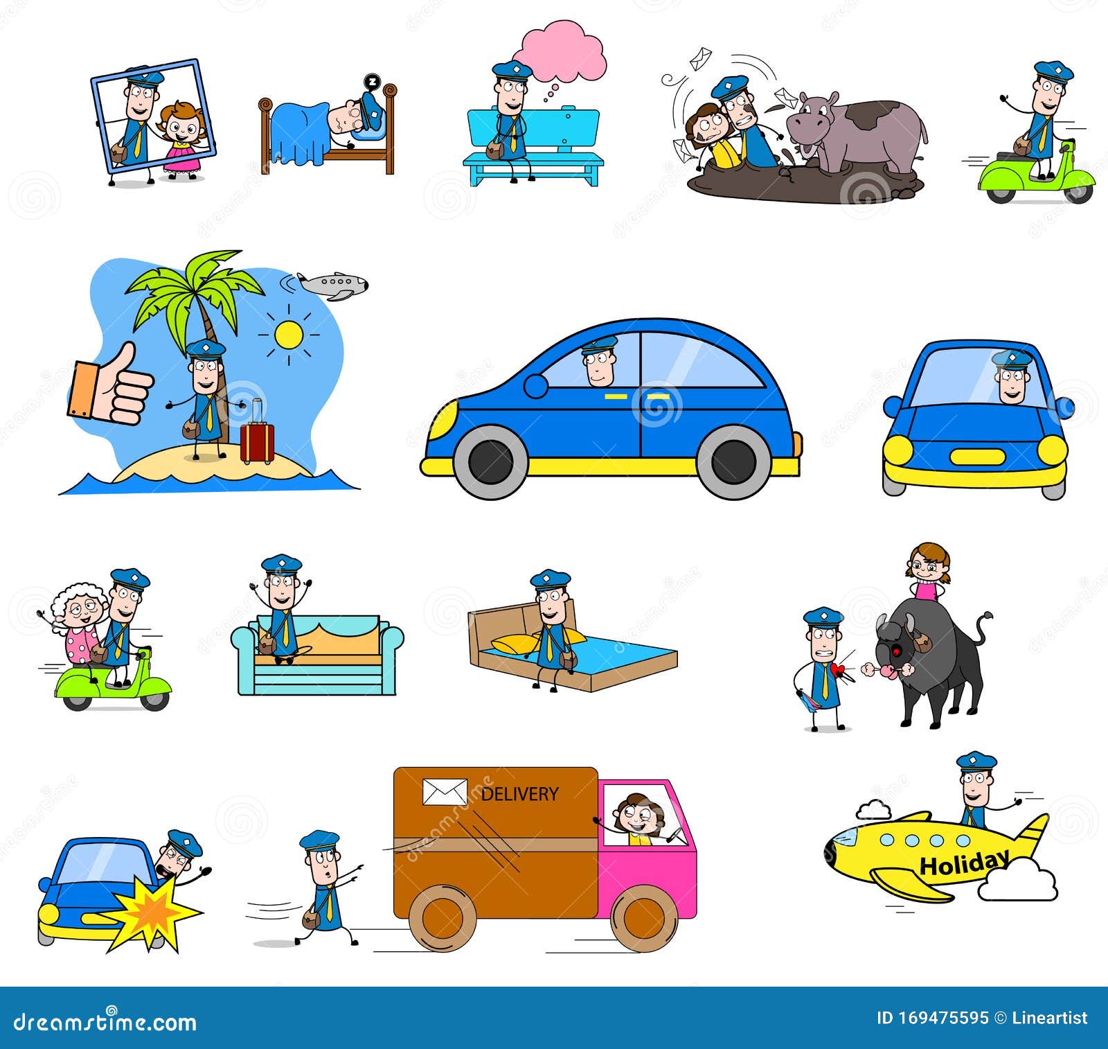 Cartoon Postman Character - Collection of Concepts Vector Illustrations ...