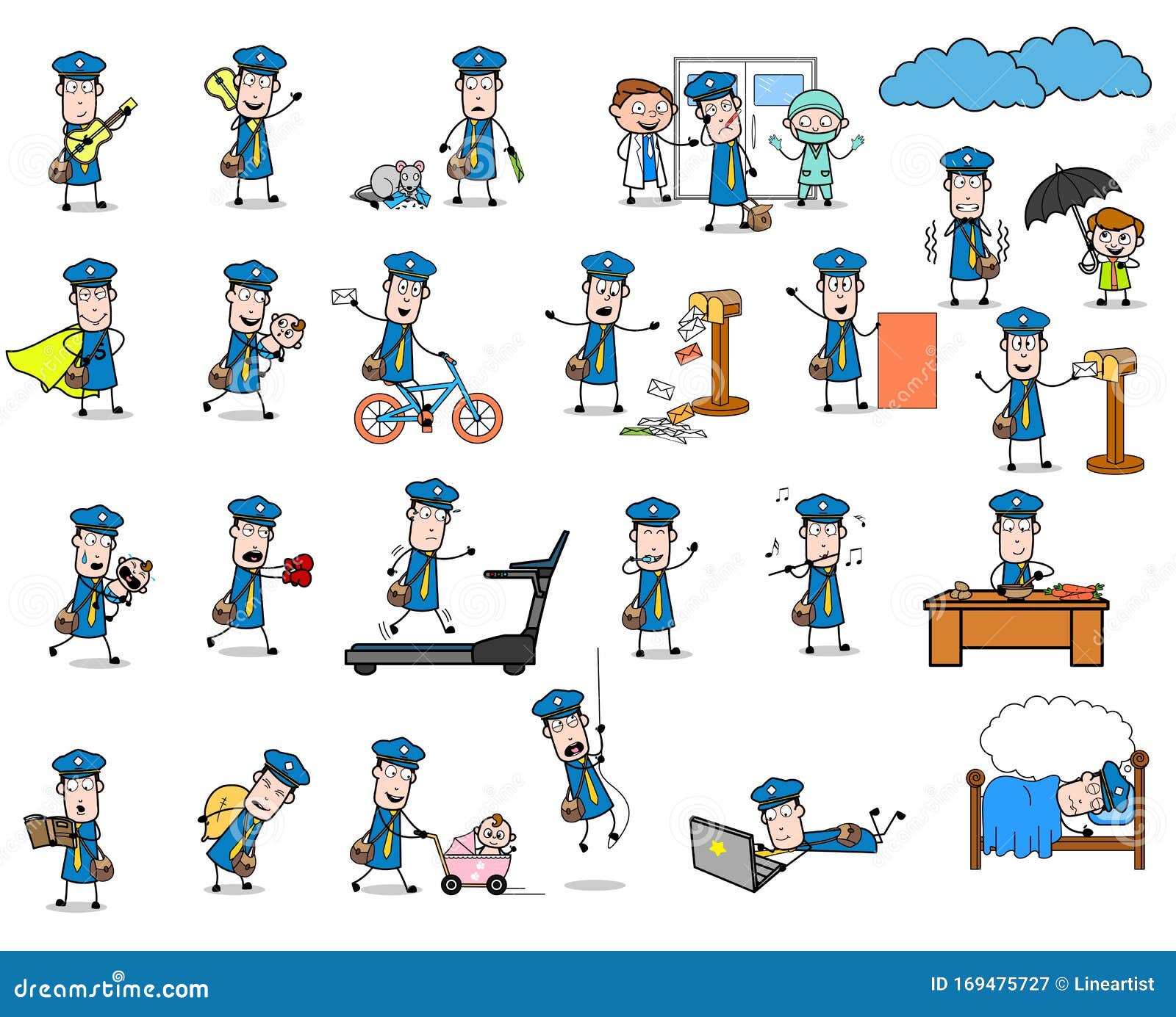 Cartoon Postman Character - Set of Concepts Vector Illustrations Stock ...