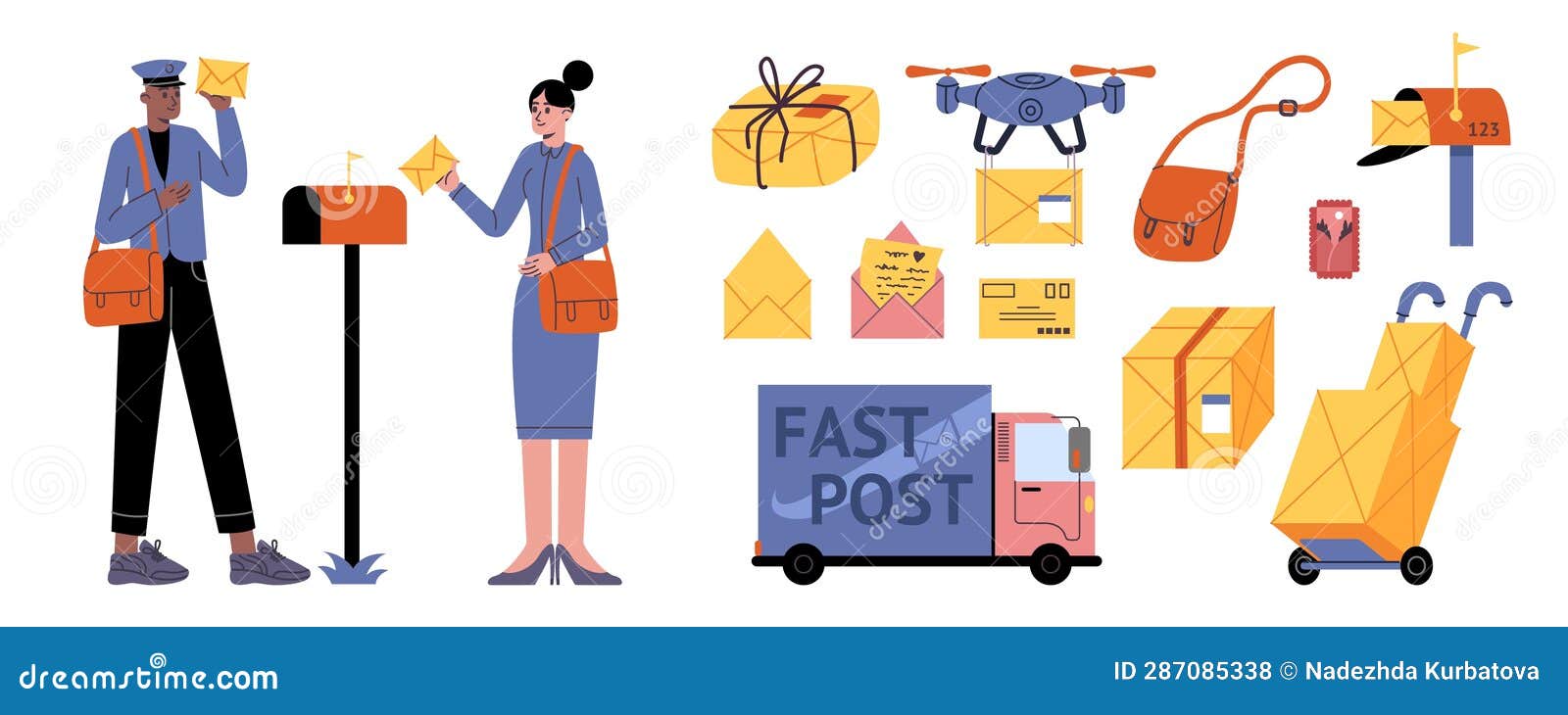 Cartoon Postman and Mail Elements. Postal Envelopes and Boxes. Sending ...