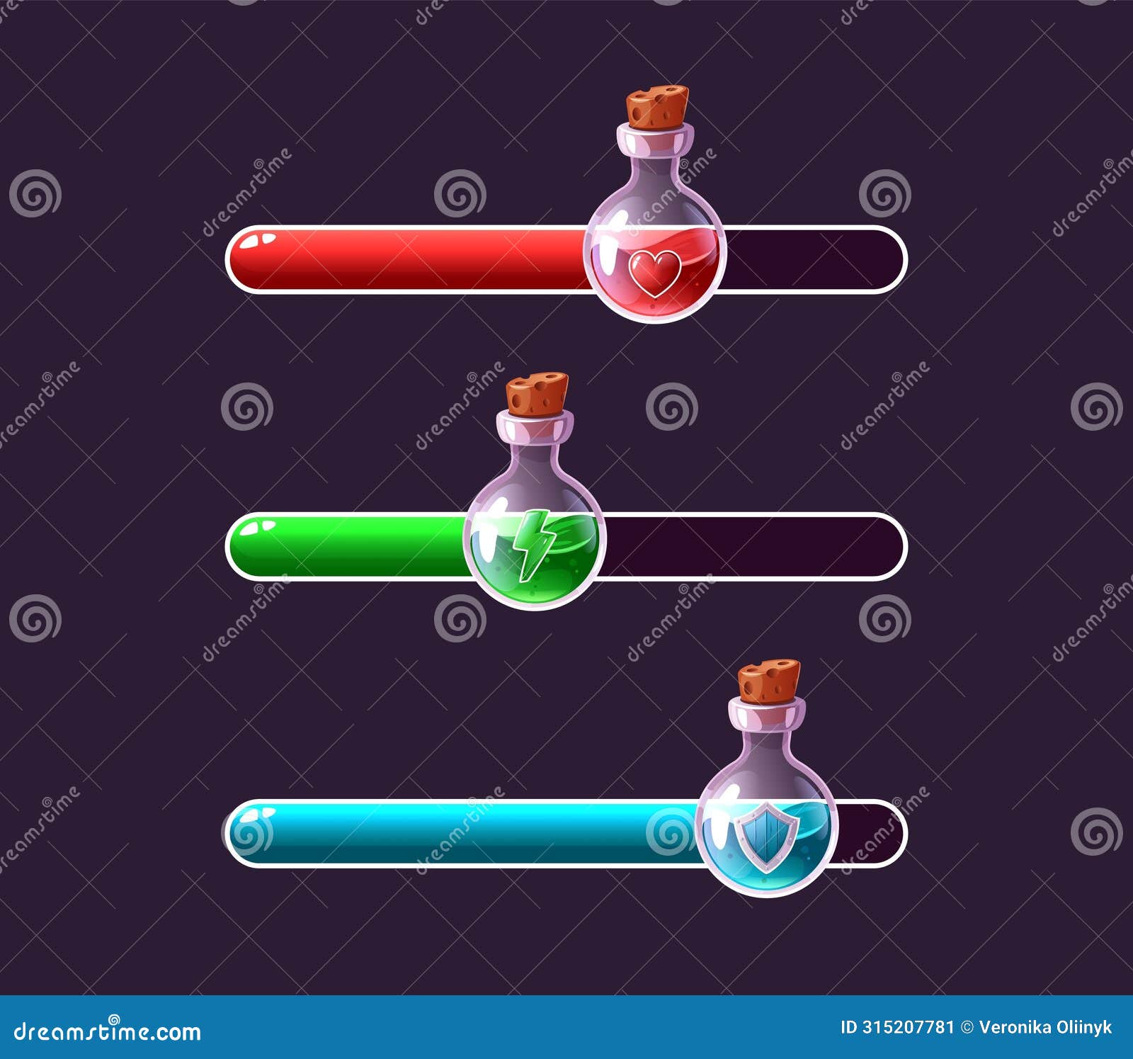 Cartoon Power Level Bars. Fantasy Game Interface Elements with Potion ...