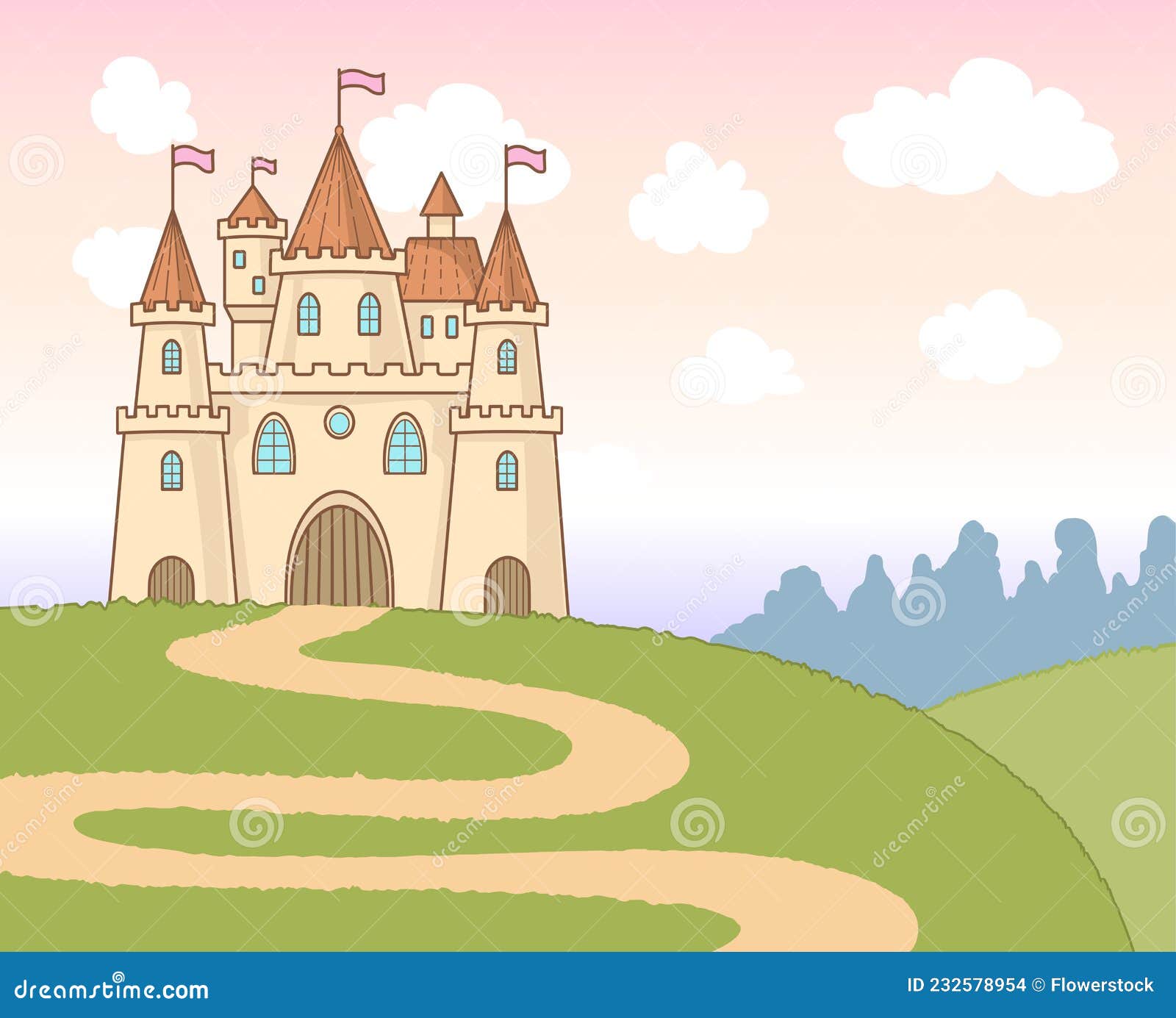 Cartoon Princess Castle on Hill with Path Vector Illustration Stock ...
