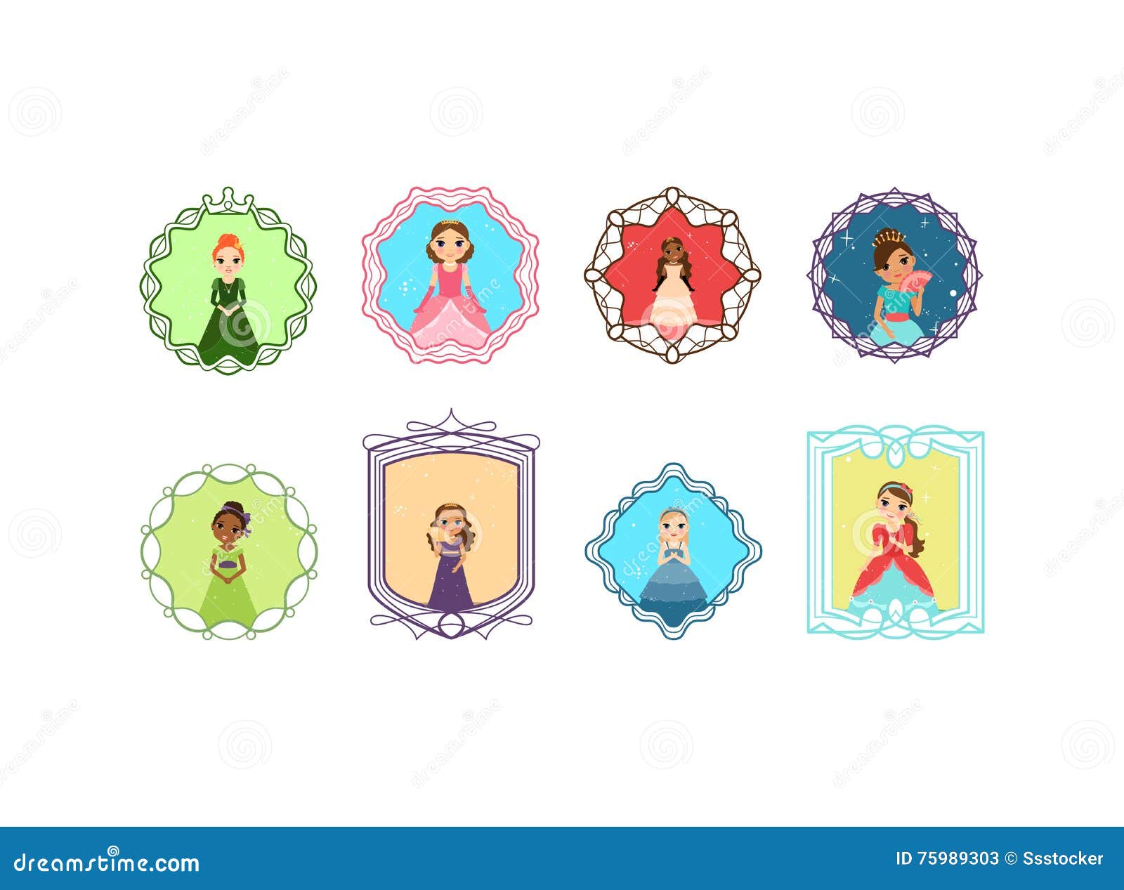 Princess Frames. Pink Cute Floral Mirror Frames With Crown, Kids ...