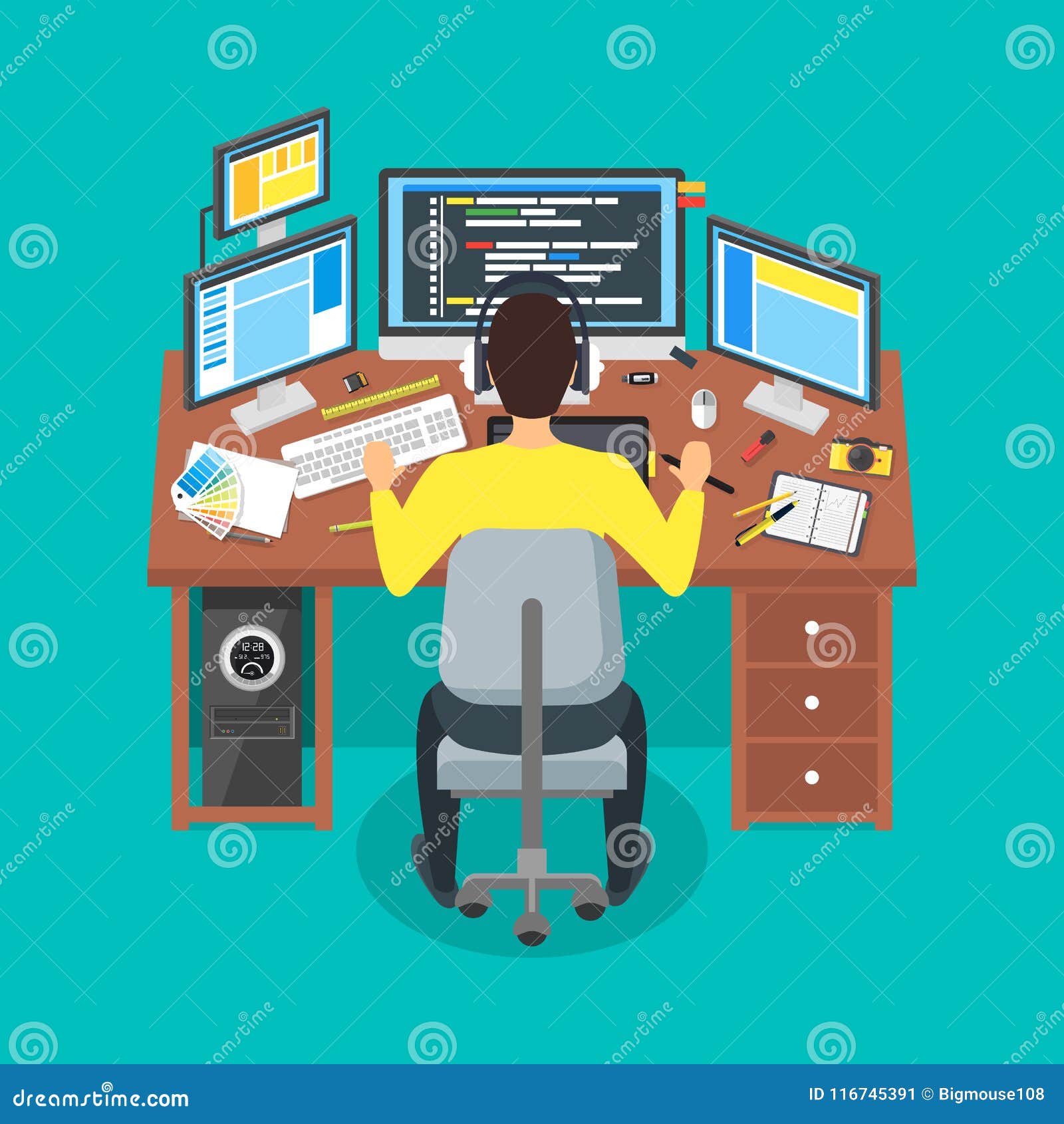 Cartoon Programmer Writes Code Workspace Concept. Vector Stock Vector ... Cartoon Programmer Writes Code Workspace Concept. Vector Stock Vector ...