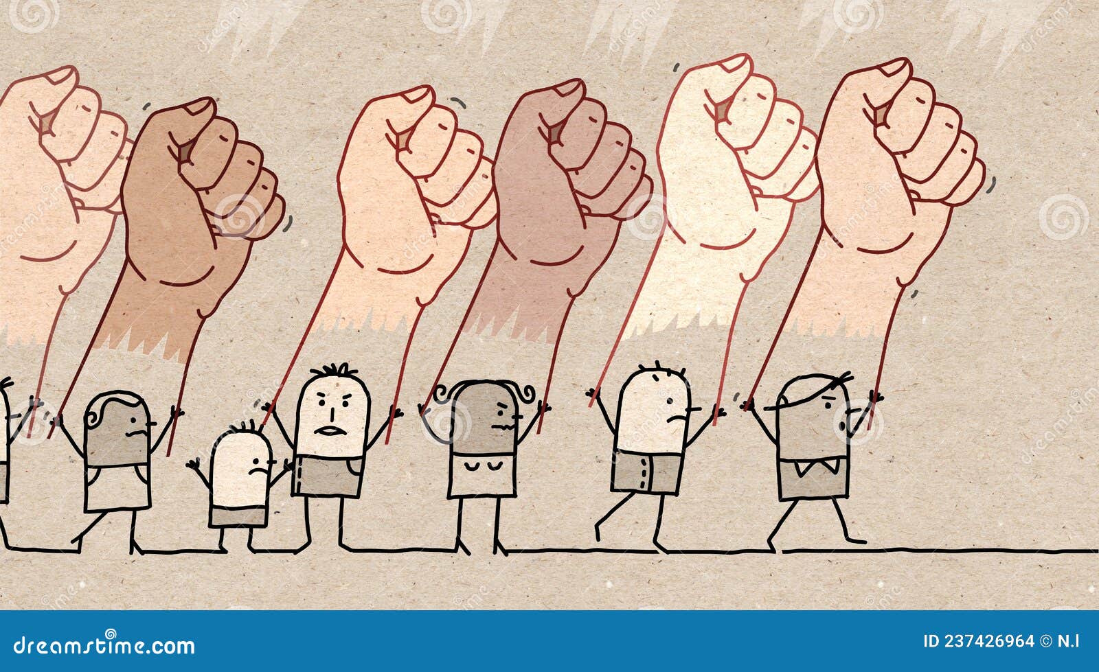 Cartoon Protesting People with Big Multi-ethical Raised Fists Stock ...