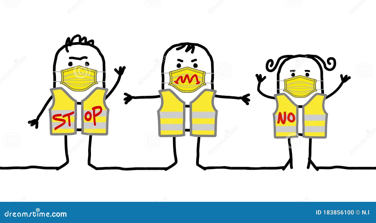 Cartoon Protesting People with Yellow Jackets and Protection Masks ...