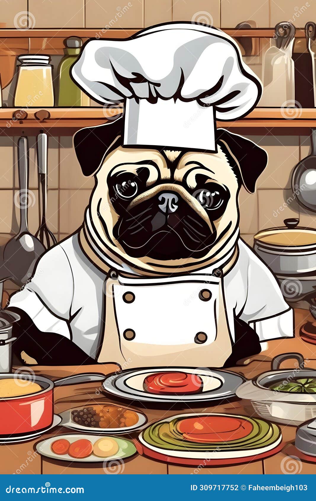 Cartoon Pug Chef Preparing Meals in a Kitchen Setting. Stock ...