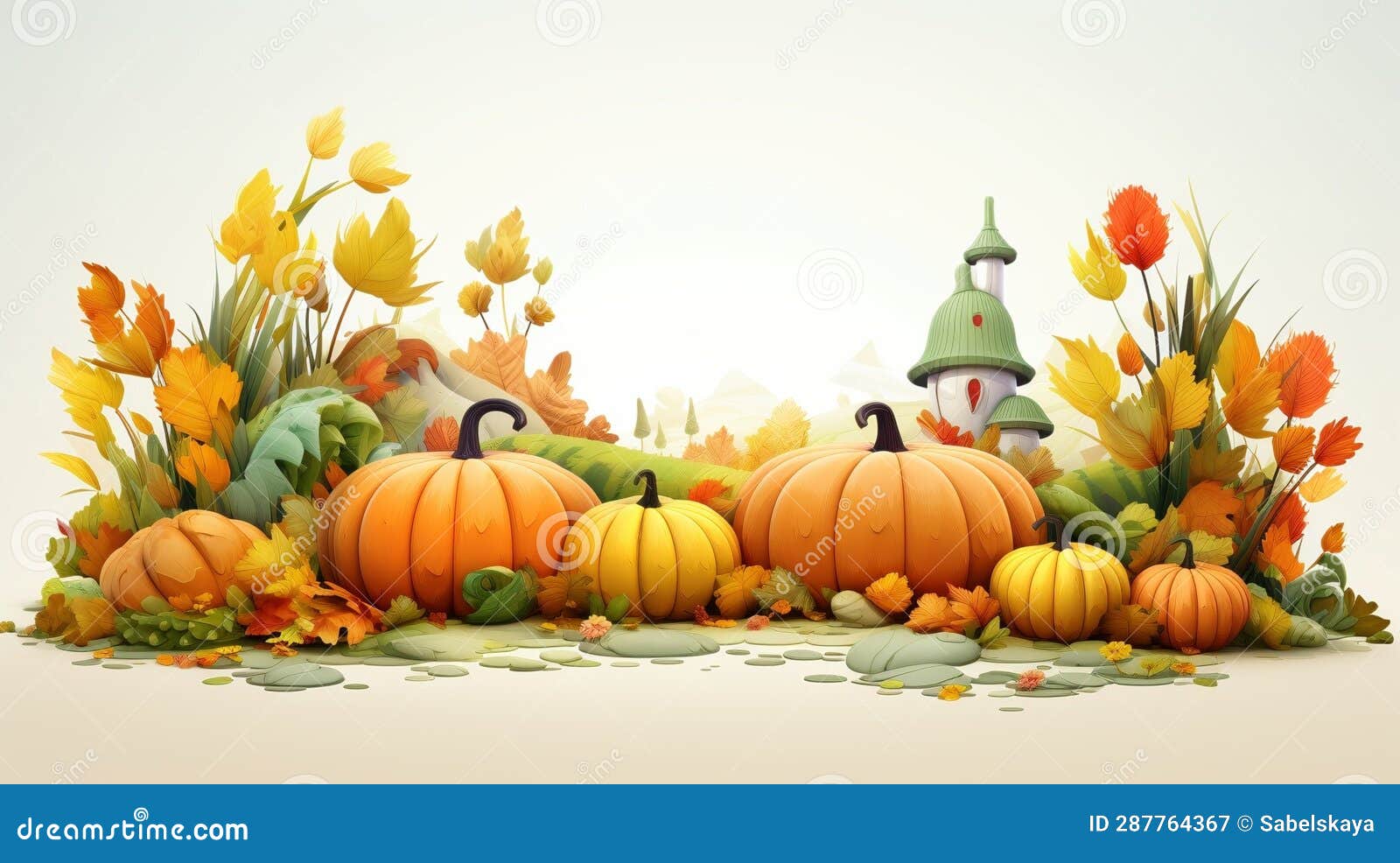 Cartoon Pumpkins and Fall Grass with Foliage, Horizontal Border ...