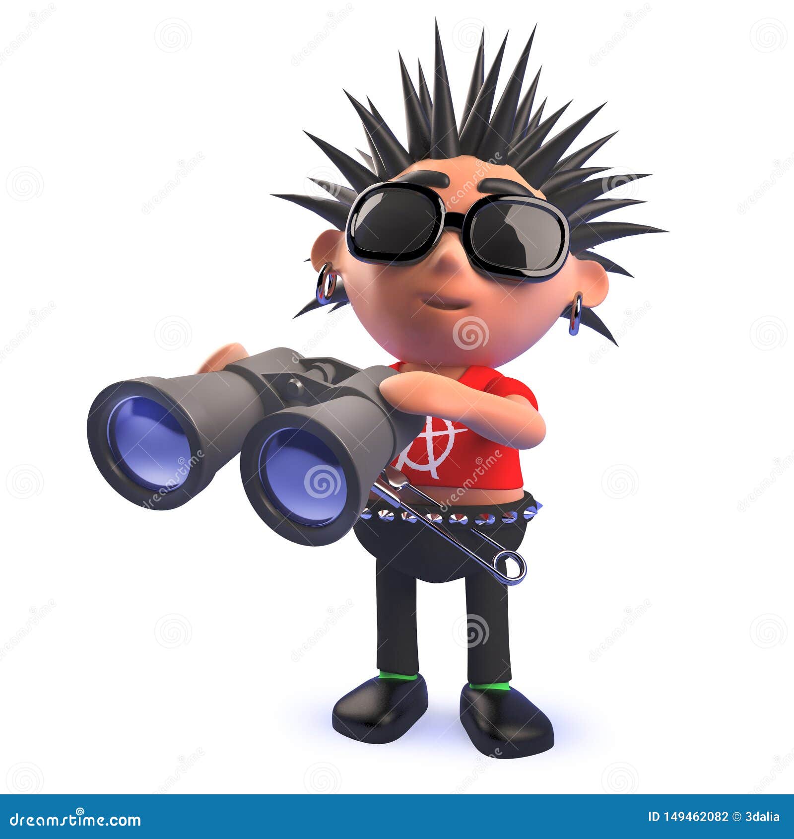 Cartoon Punk Rocker Character Using a Pair of Binoculars in 3d Stock ...