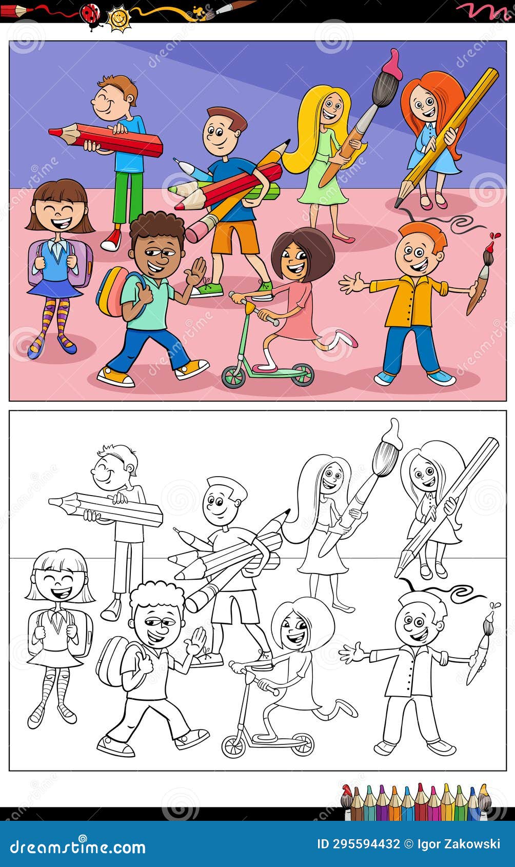 Cartoon Pupils And Students Characters Group Coloring Page Vector ...