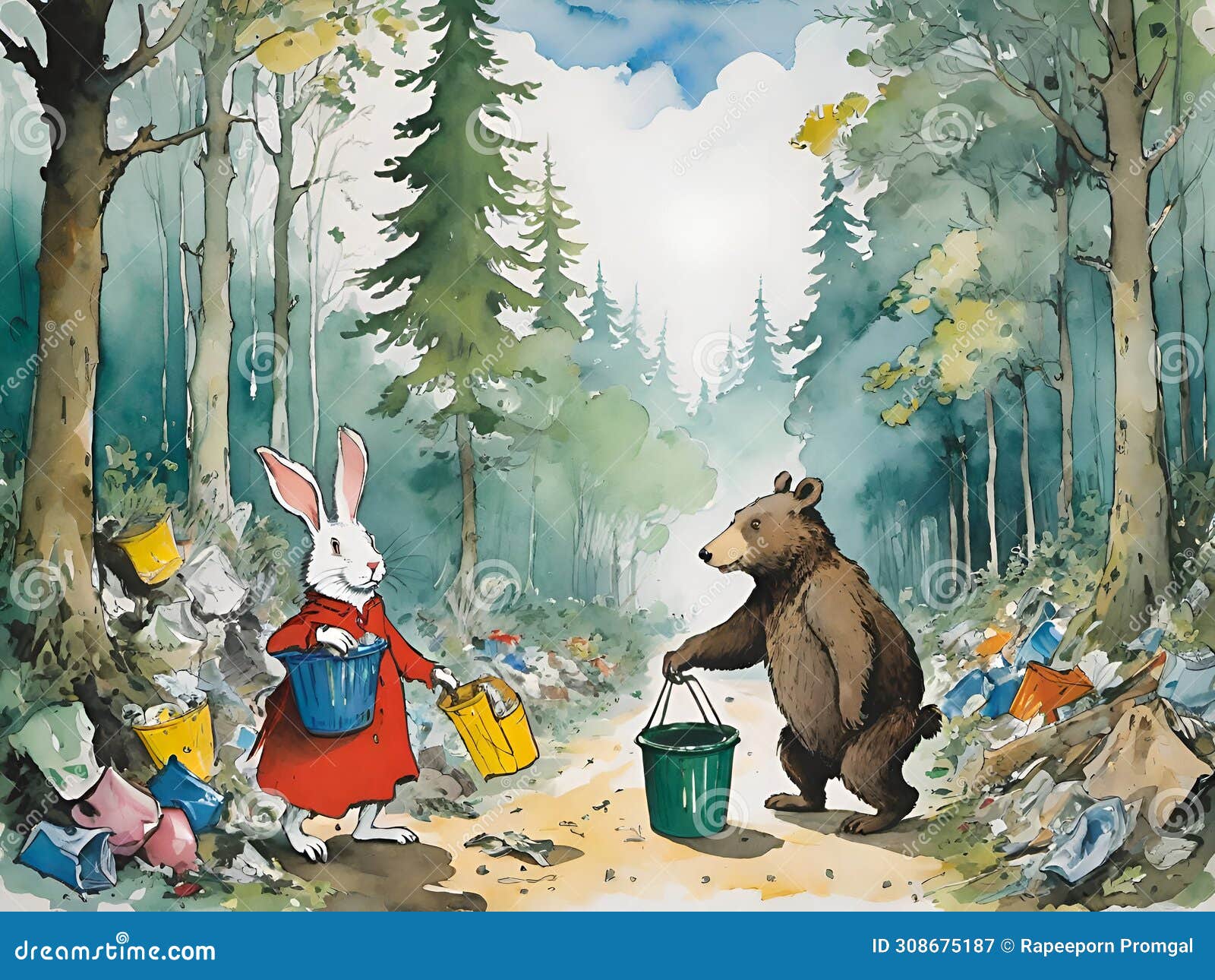 Cartoon Rabbit and Bear Collect Trasht for the Environment. Stock ...