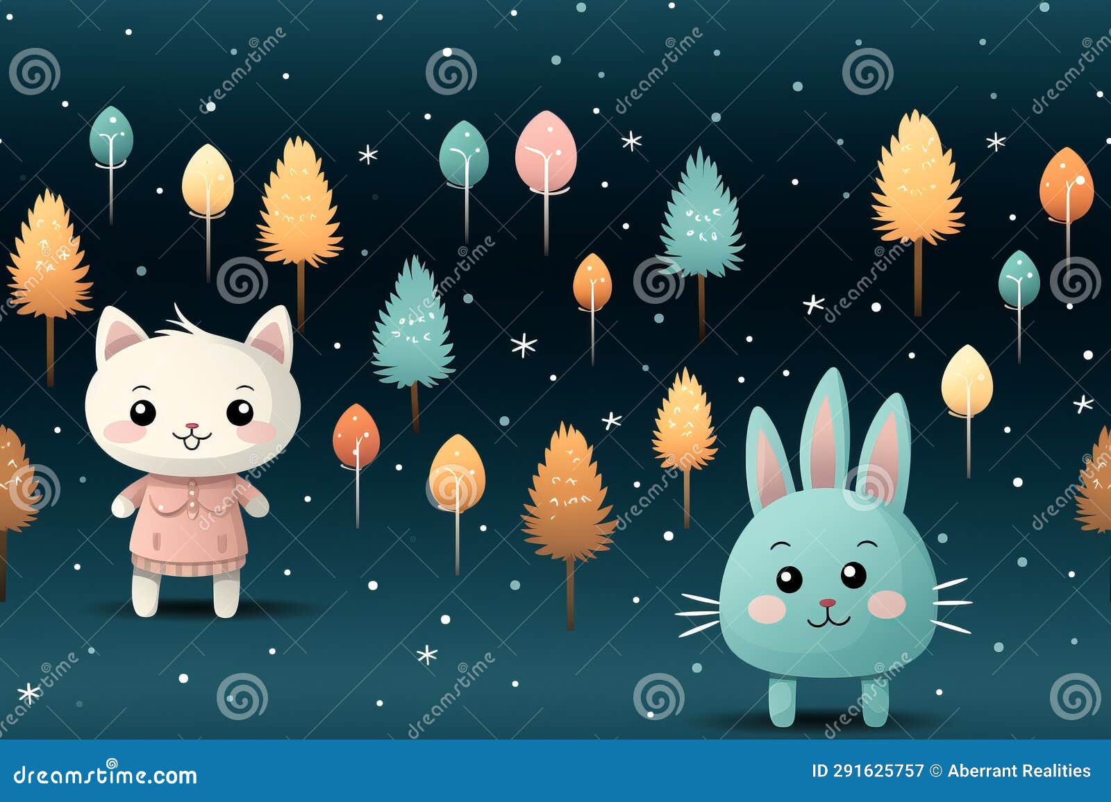 Cartoon Rabbit and Cat in the Forest at Night Stock Illustration ...