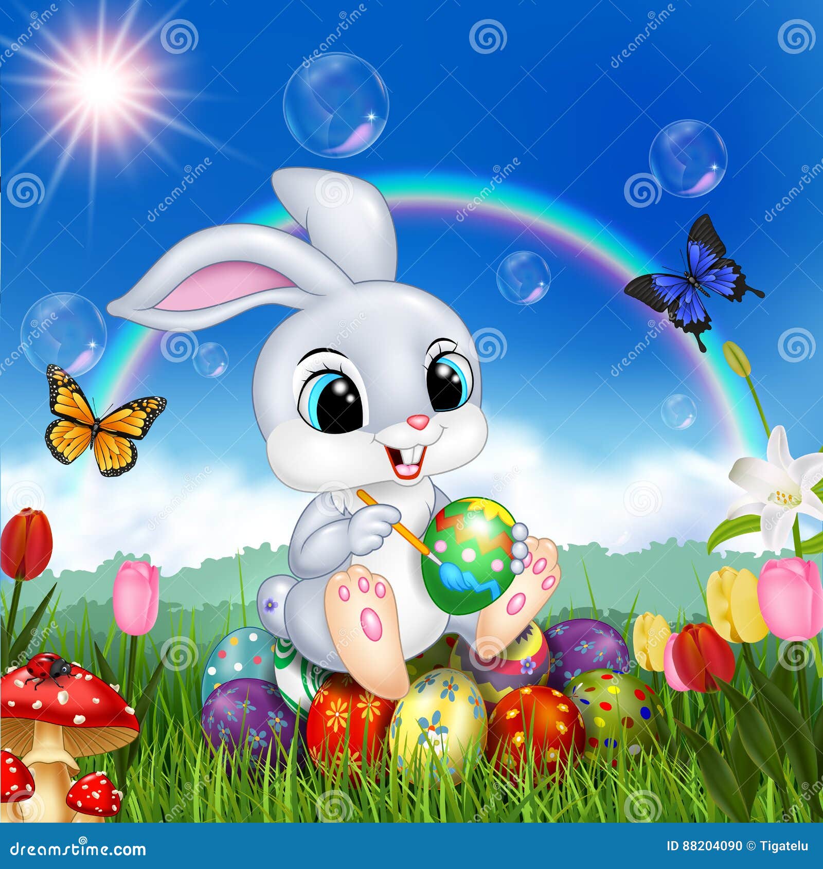 Cartoon Rabbit Decorating an Easter Egg Stock Vector - Illustration of ...