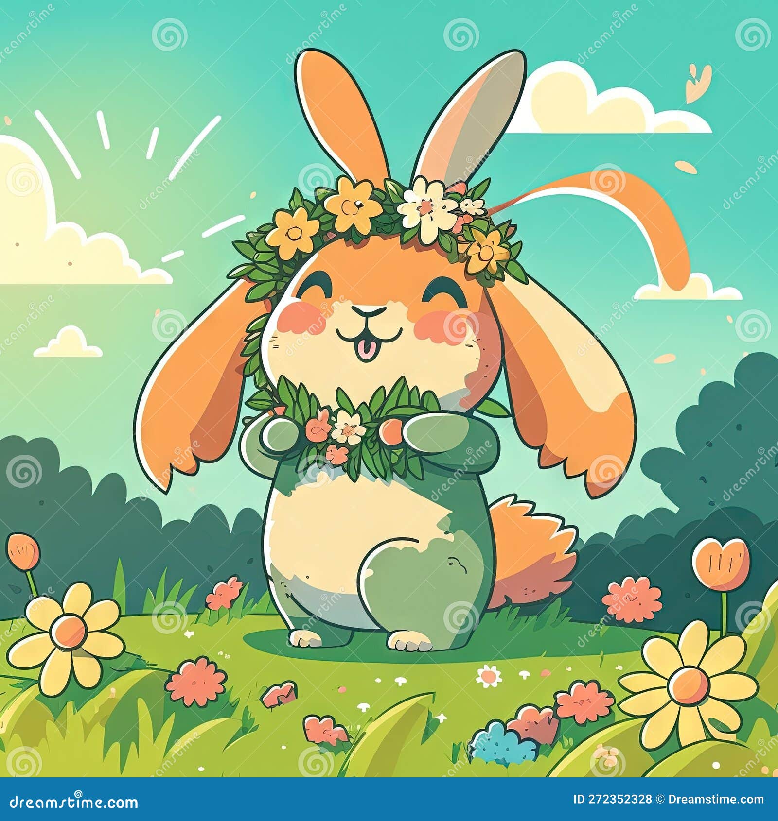 A Cartoon Rabbit with a Flower Crown on Its Head Sitting in a Field ...