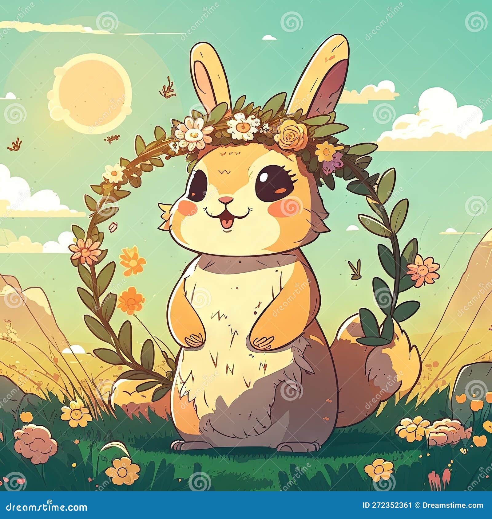 A Cartoon Rabbit with a Flower Crown on Its Head Sitting in the Grass ...
