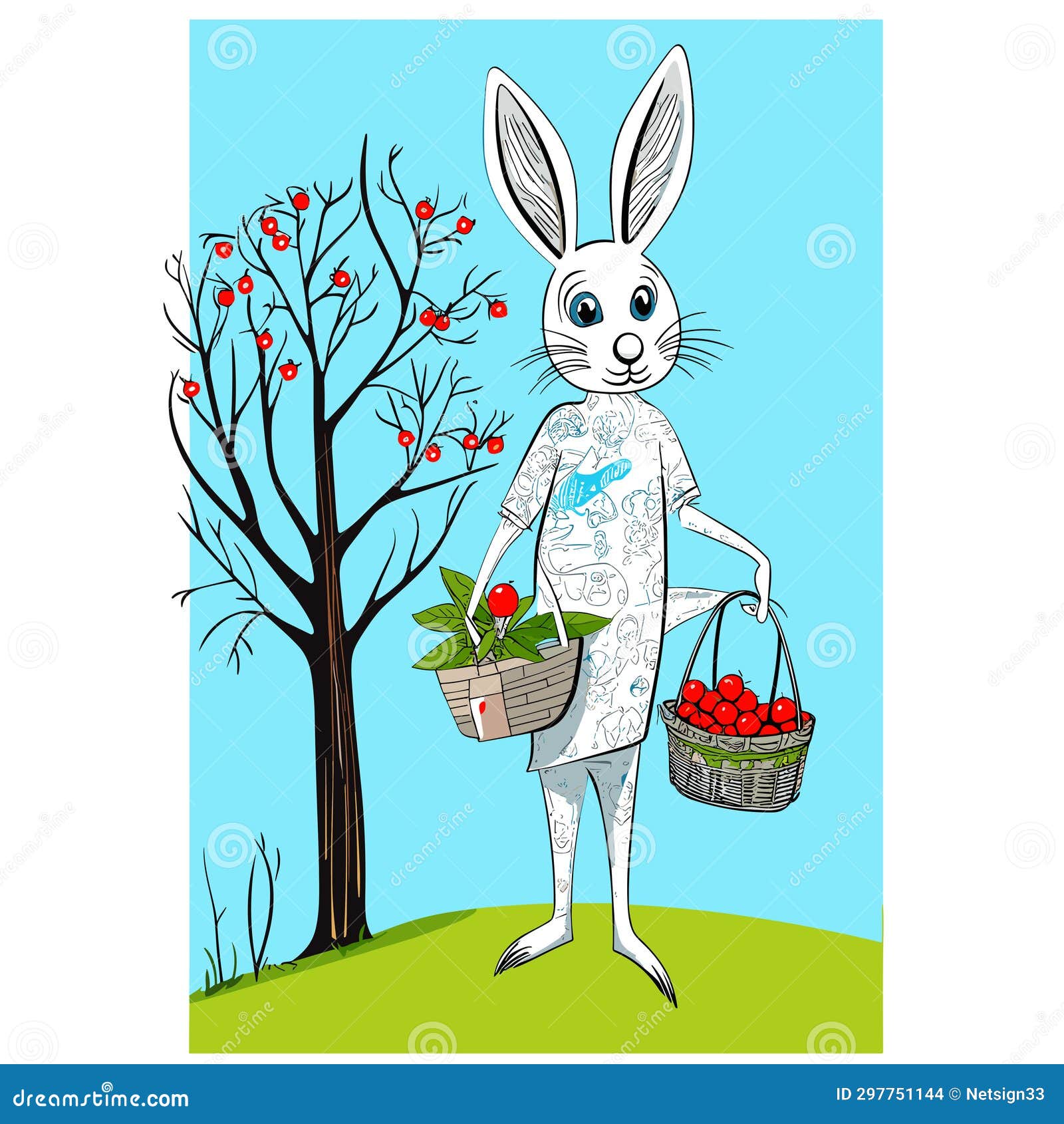 A Cartoon of a Rabbit Holding Baskets of Cherries - Easter Bunny with ...