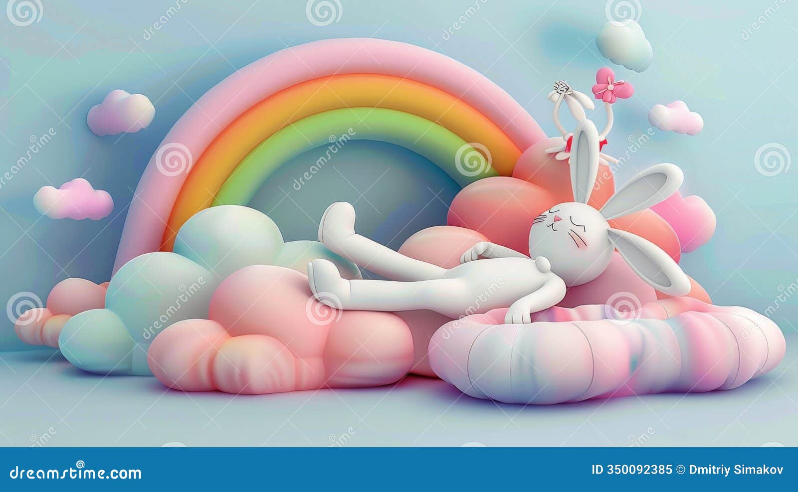 A Cartoon Rabbit is Laying on a Bed of Clouds with a Rainbow in the ...