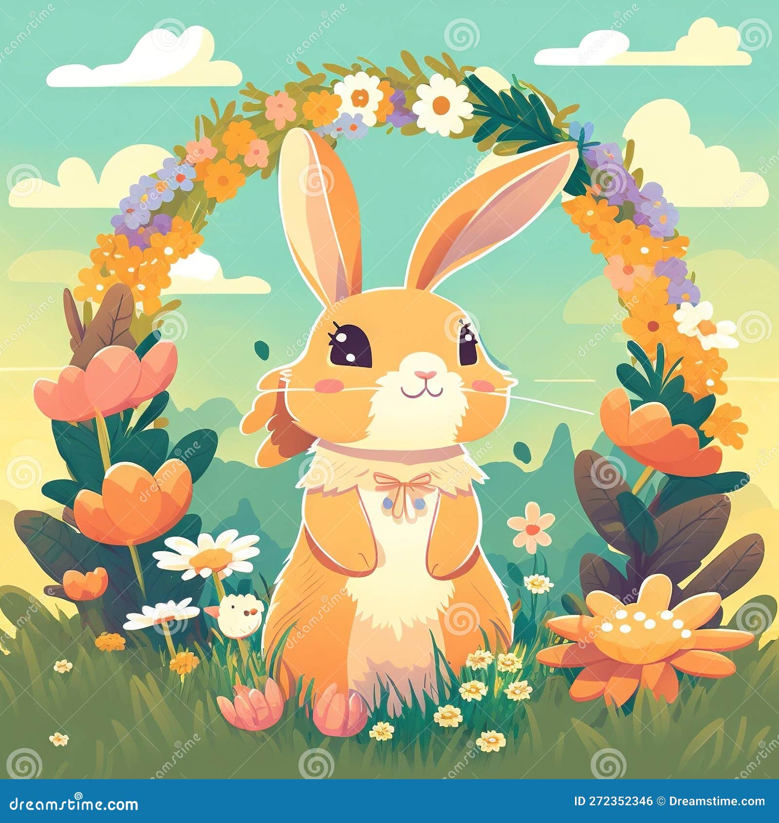 A Cartoon Rabbit Sitting in the Grass with Flowers Around it Stock ...