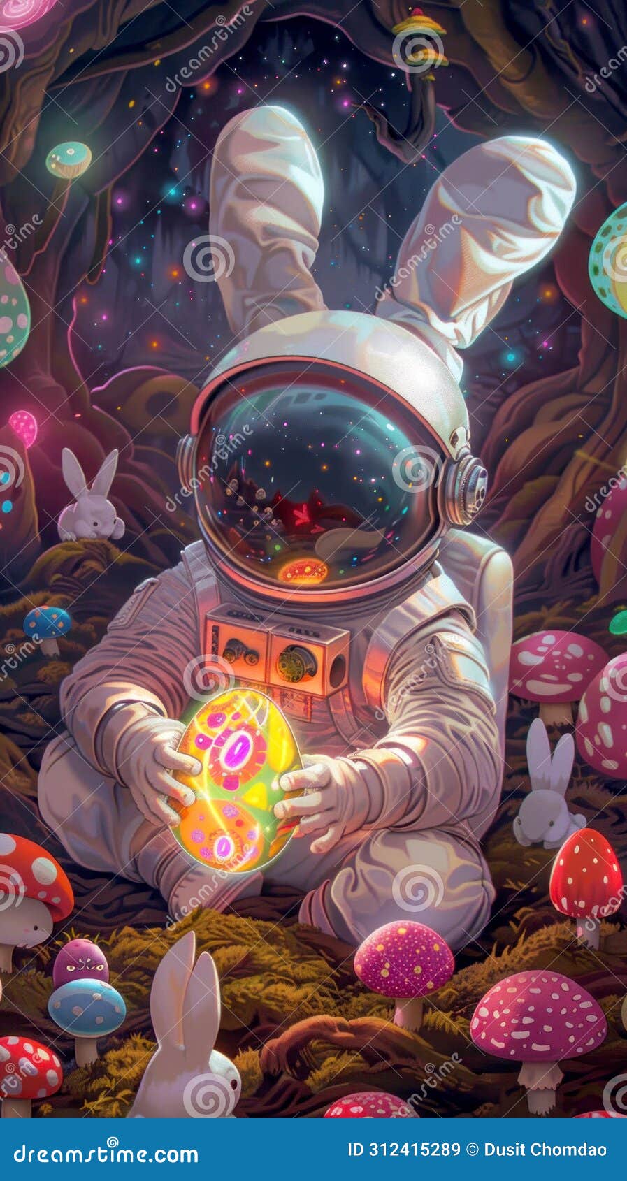 A Cartoon of a Rabbit in a Space Suit Holding an Egg Stock Image ...