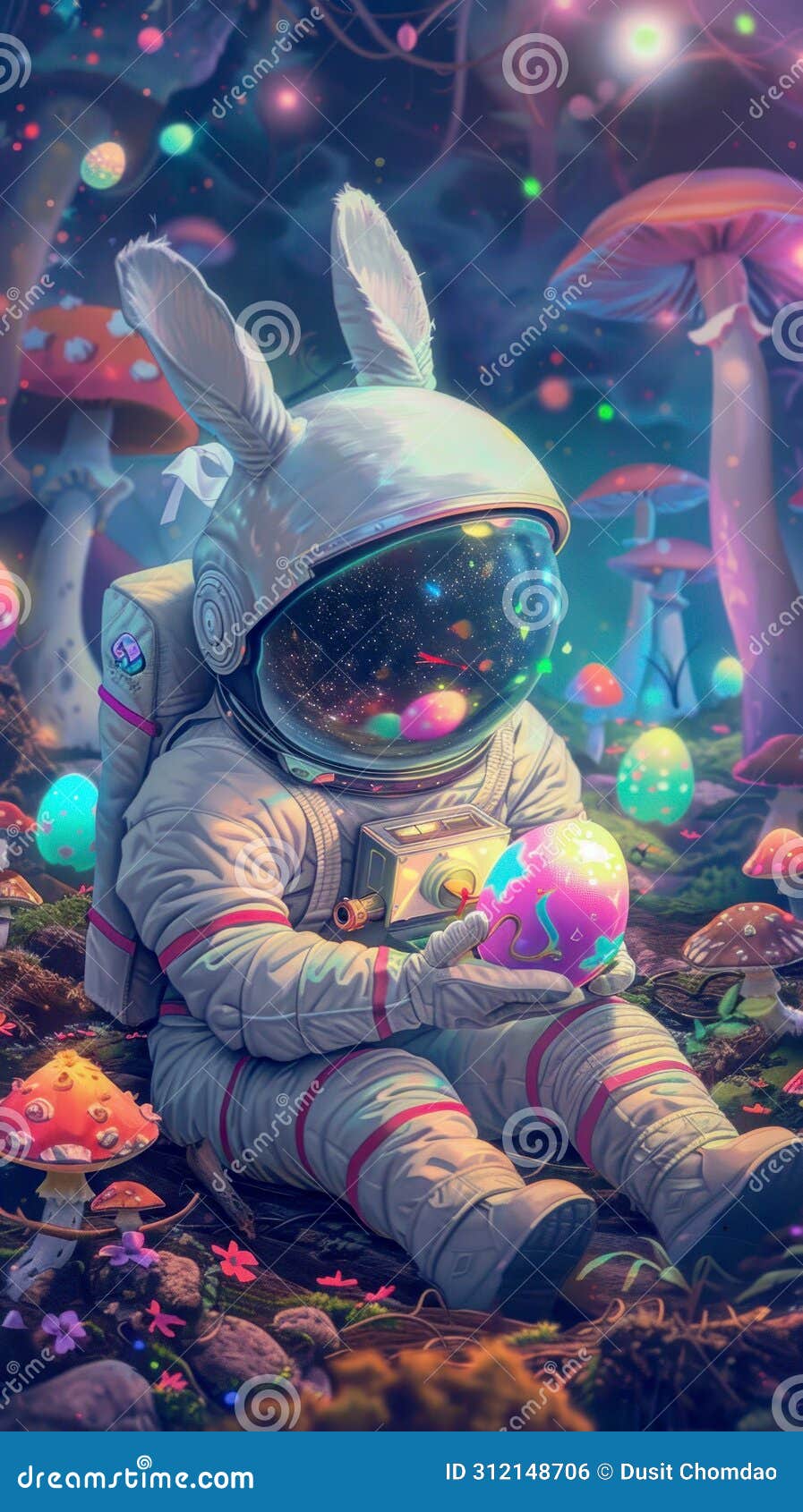 A Cartoon of a Rabbit in a Space Suit Holding an Egg Stock Photo ...
