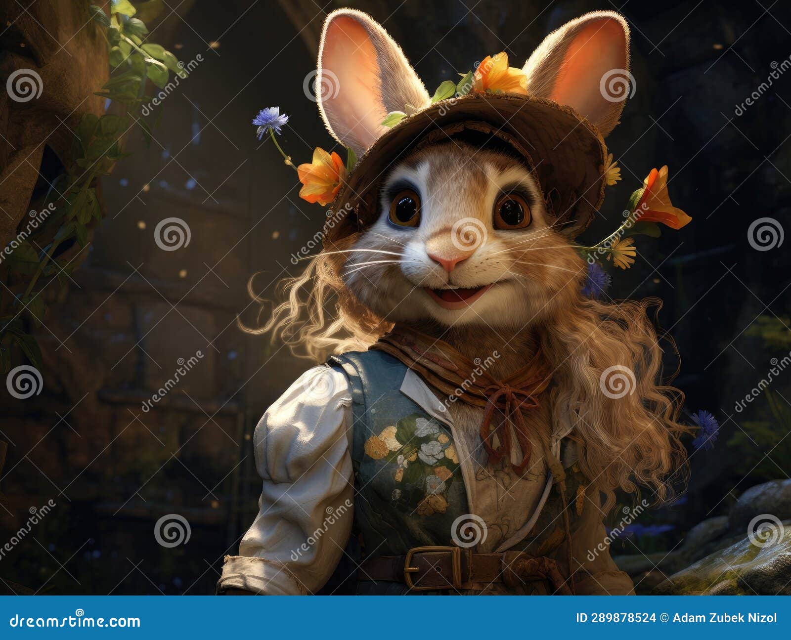 A Cartoon of a Rabbit Wearing a Hat and Flowers Stock Illustration ...