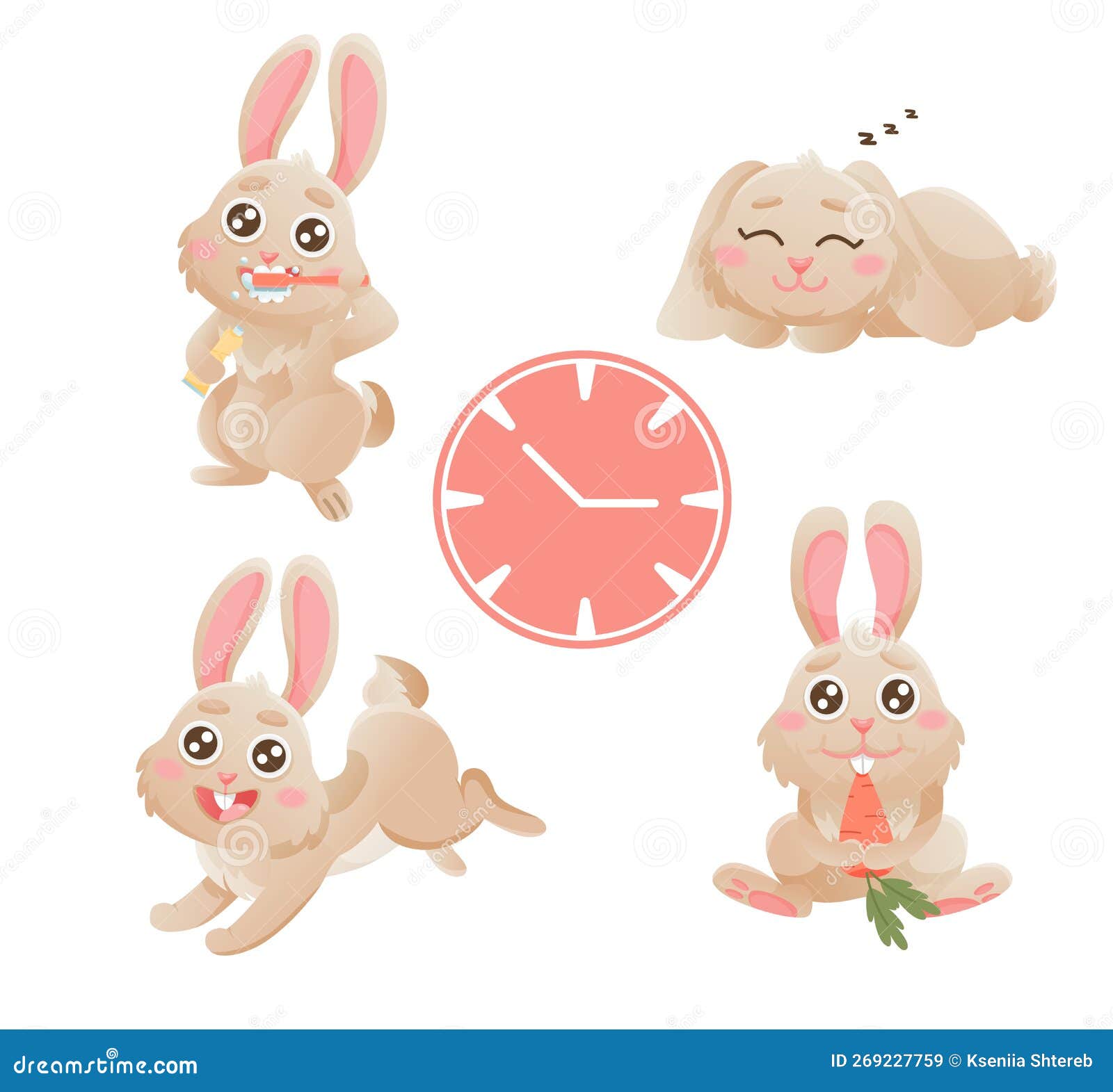 Cartoon Rabbits in daily Routine. Bunny is Sleeping, Brushing Teeth ...