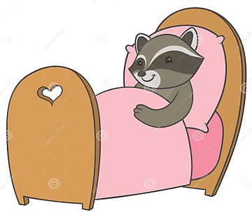 Cartoon Raccoon Sleeping in a Comfortable Bed Stock Vector ...